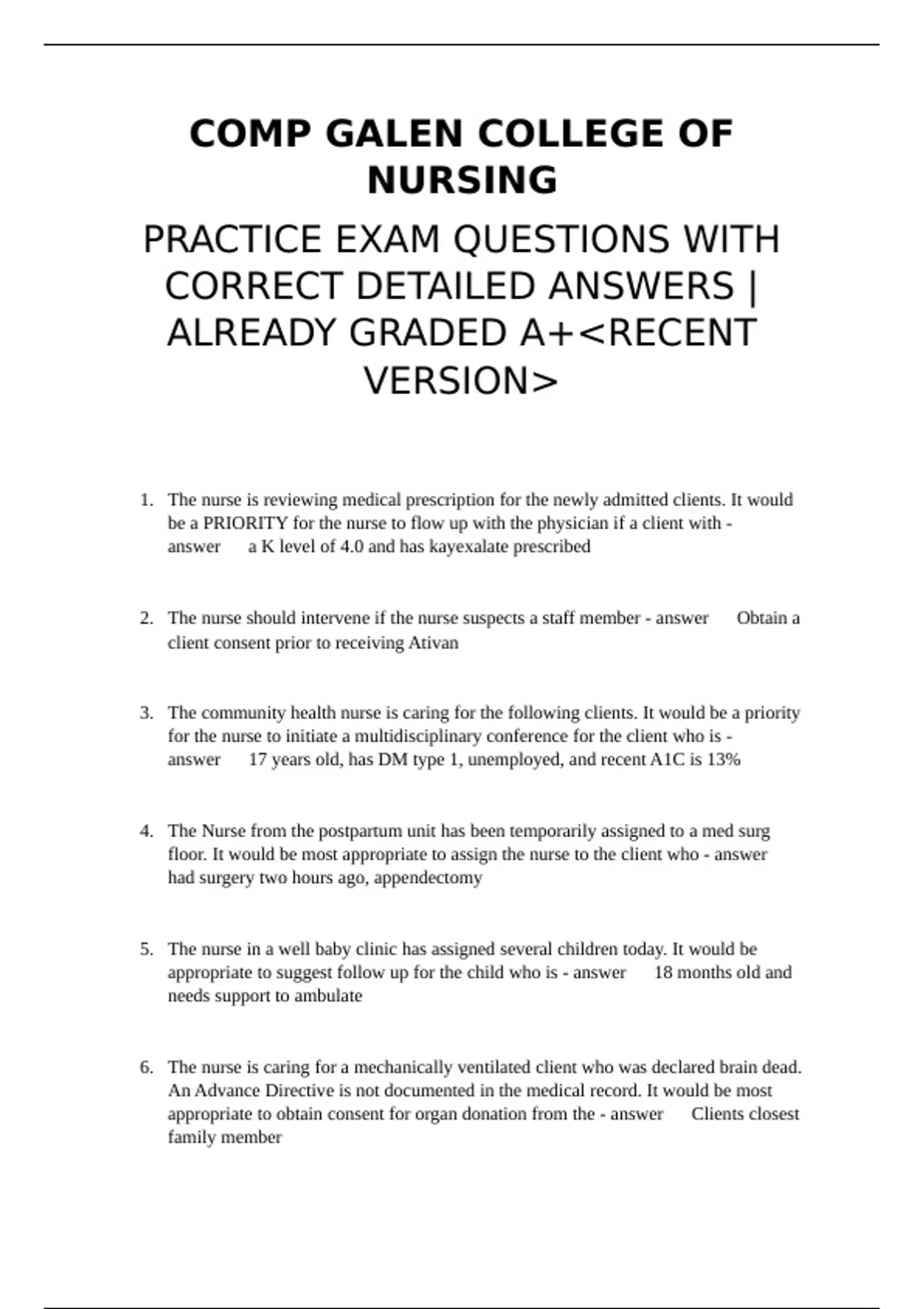 COMP GALEN COLLEGE OF NURSING PRACTICE EXAM QUESTIONS WITH CORRECT ...