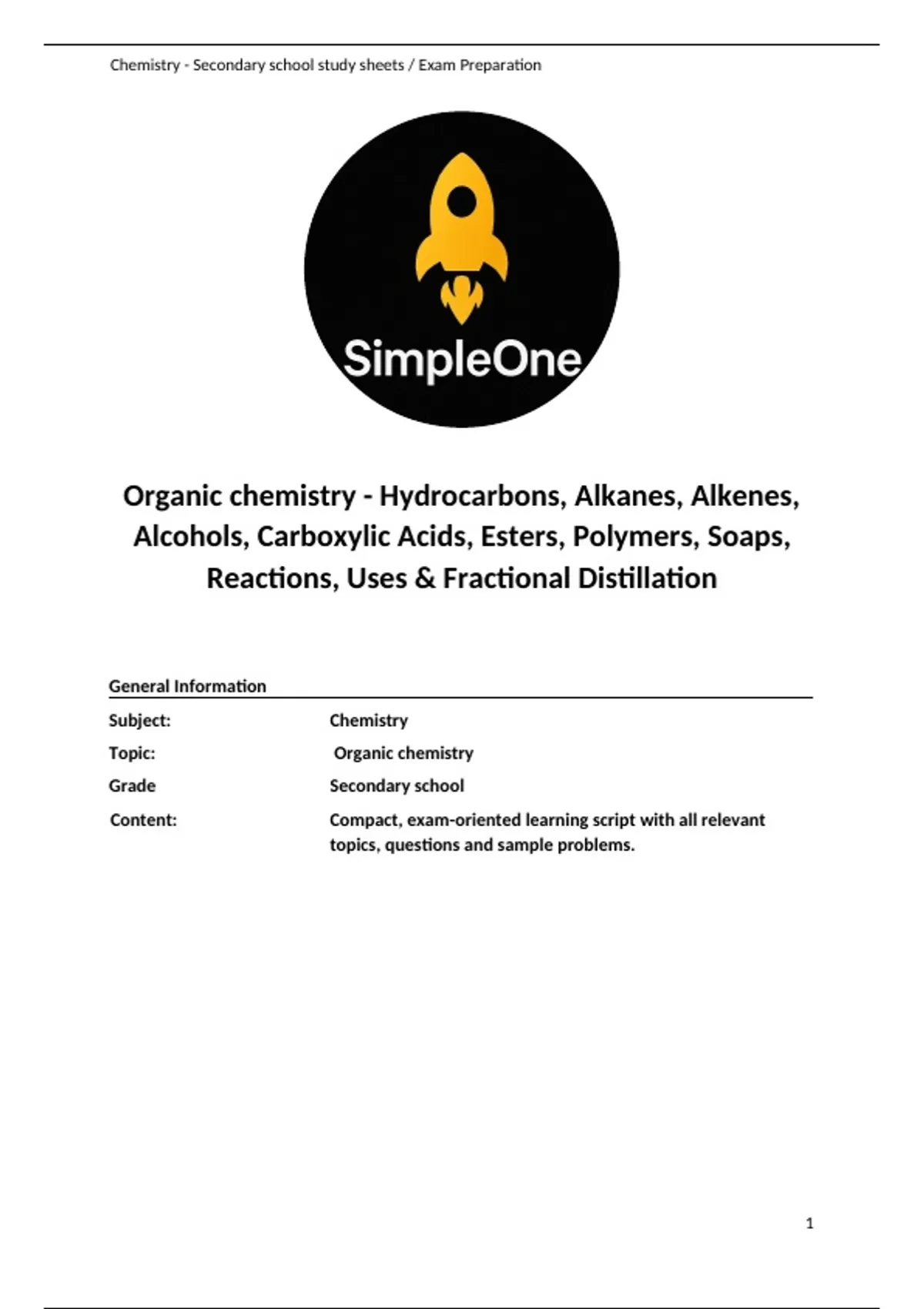Summary Chemistry Secondary School for ORGANIC CHEMISTRY (ORGANISCHE ...