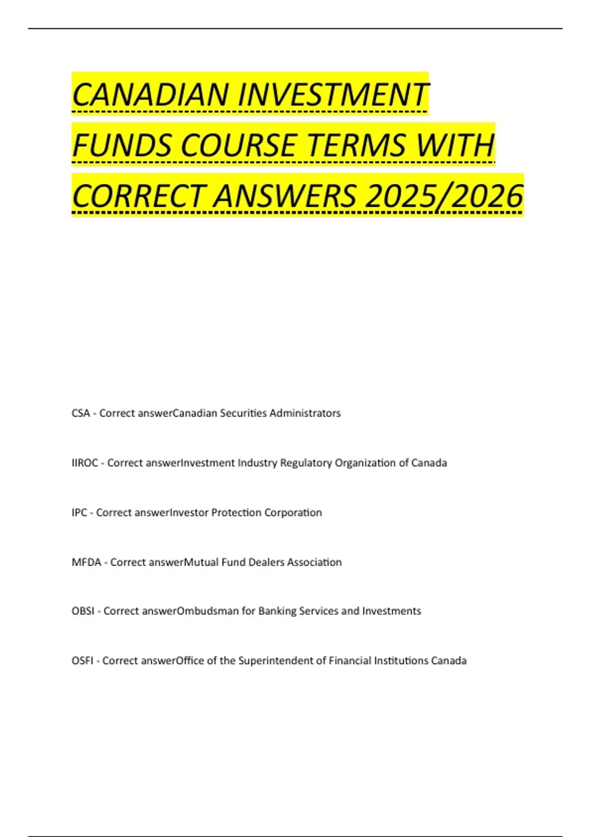 CANADIAN INVESTMENT FUNDS COURSE TERMS WITH CORRECT ANSWERS 2025/2026 ...