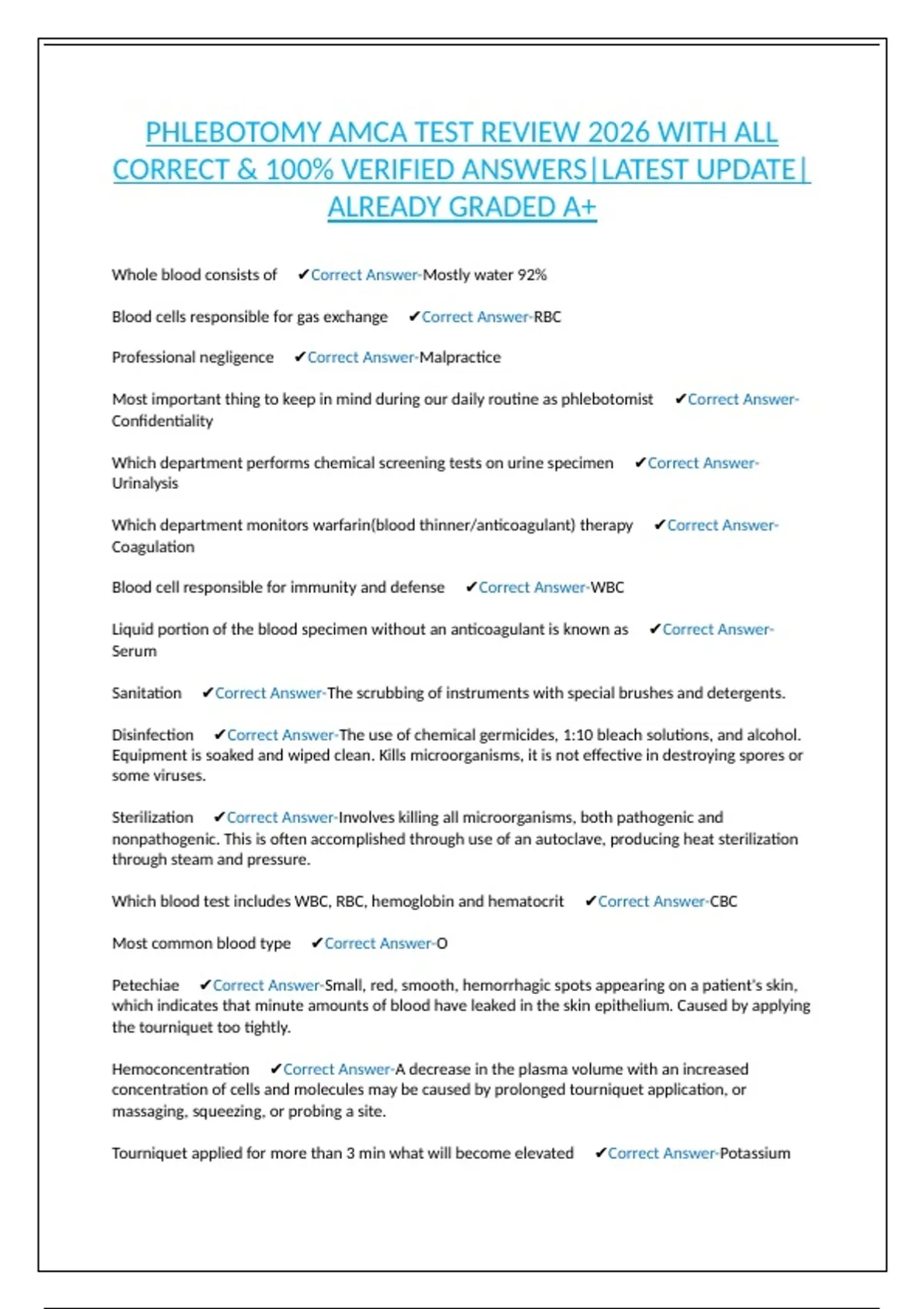 PHLEBOTOMY AMCA TEST REVIEW 2026 WITH ALL CORRECT & 100% VERIFIED ...