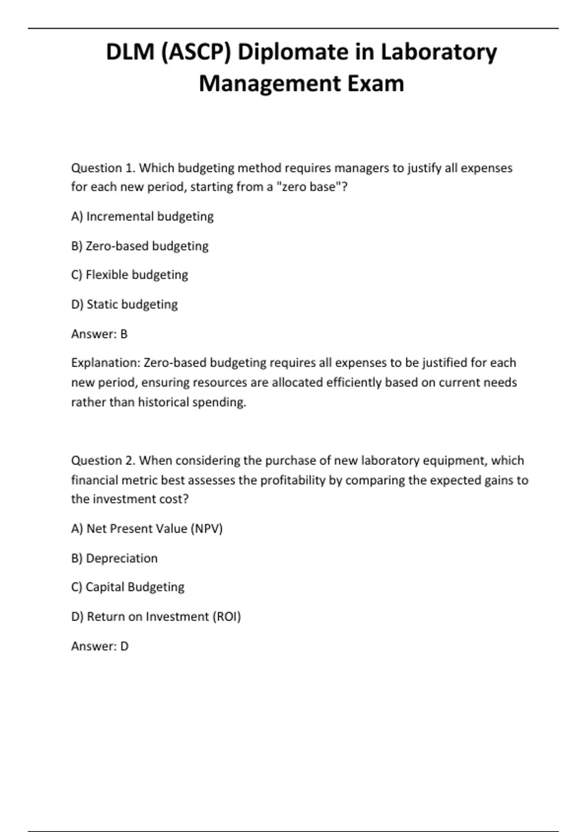 DLM (ASCP) Diplomate in Laboratory Management Exam - Computer - Stuvia US