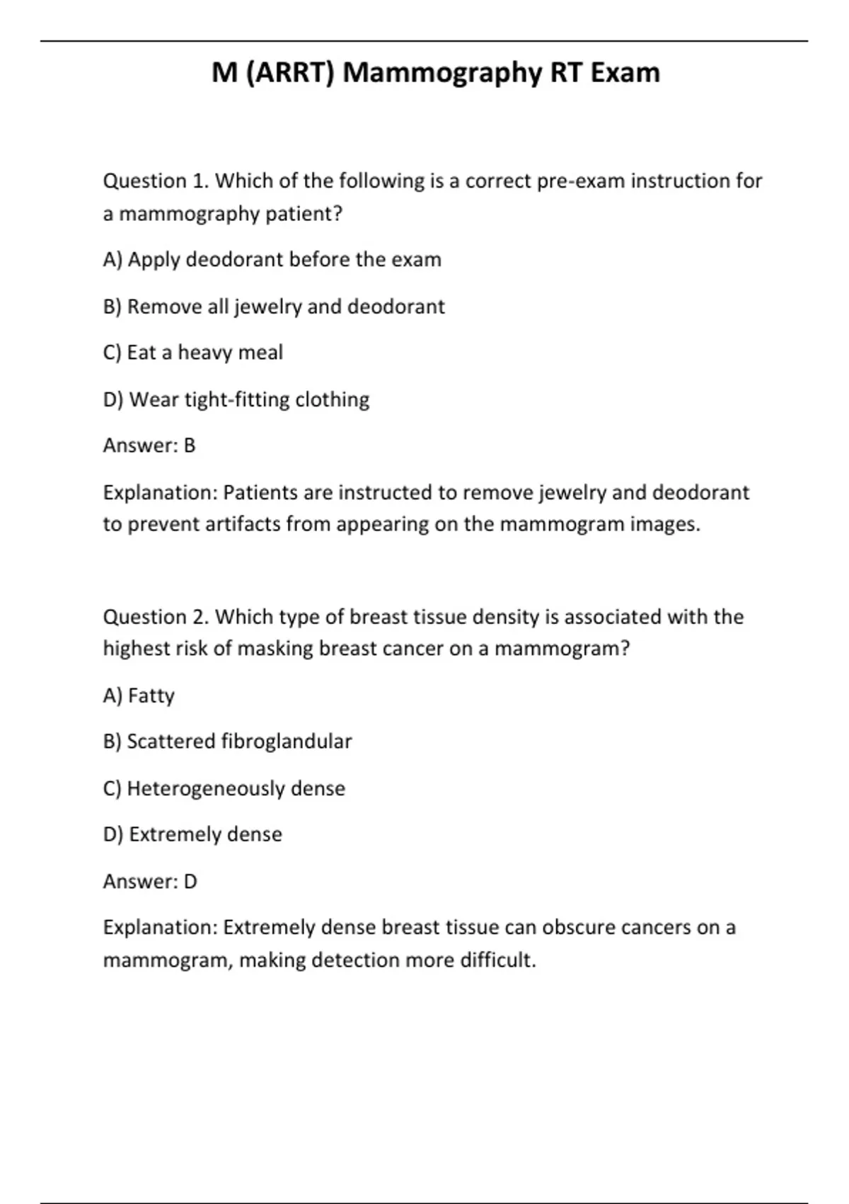 M (ARRT) Mammography RT Exam - Computer - Stuvia US