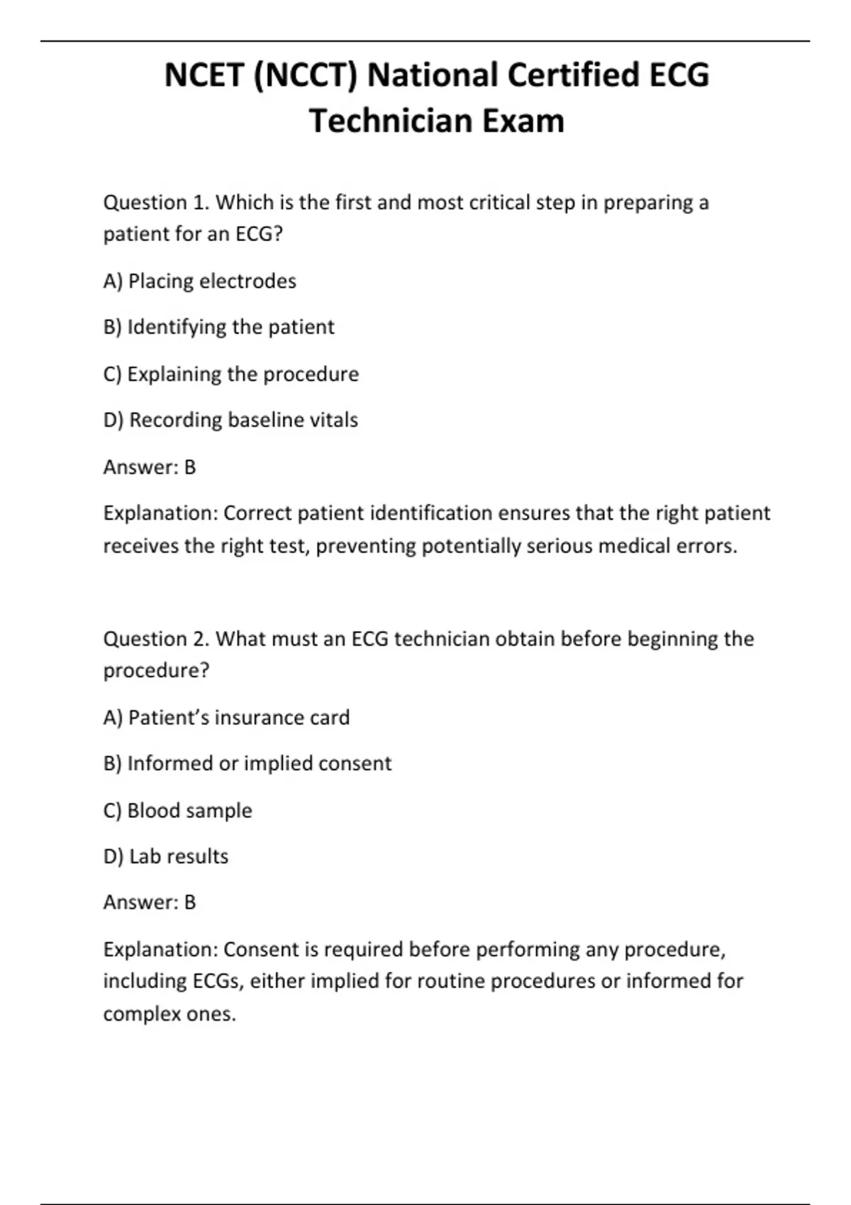 NCET (NCCT) National Certified ECG Technician Exam - Computer - Stuvia US