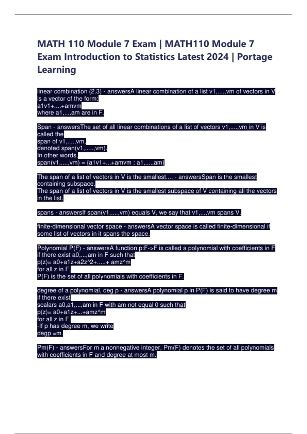 MATH 110 Module 7 Exam | MATH110 Module 7 Exam Introduction to ...