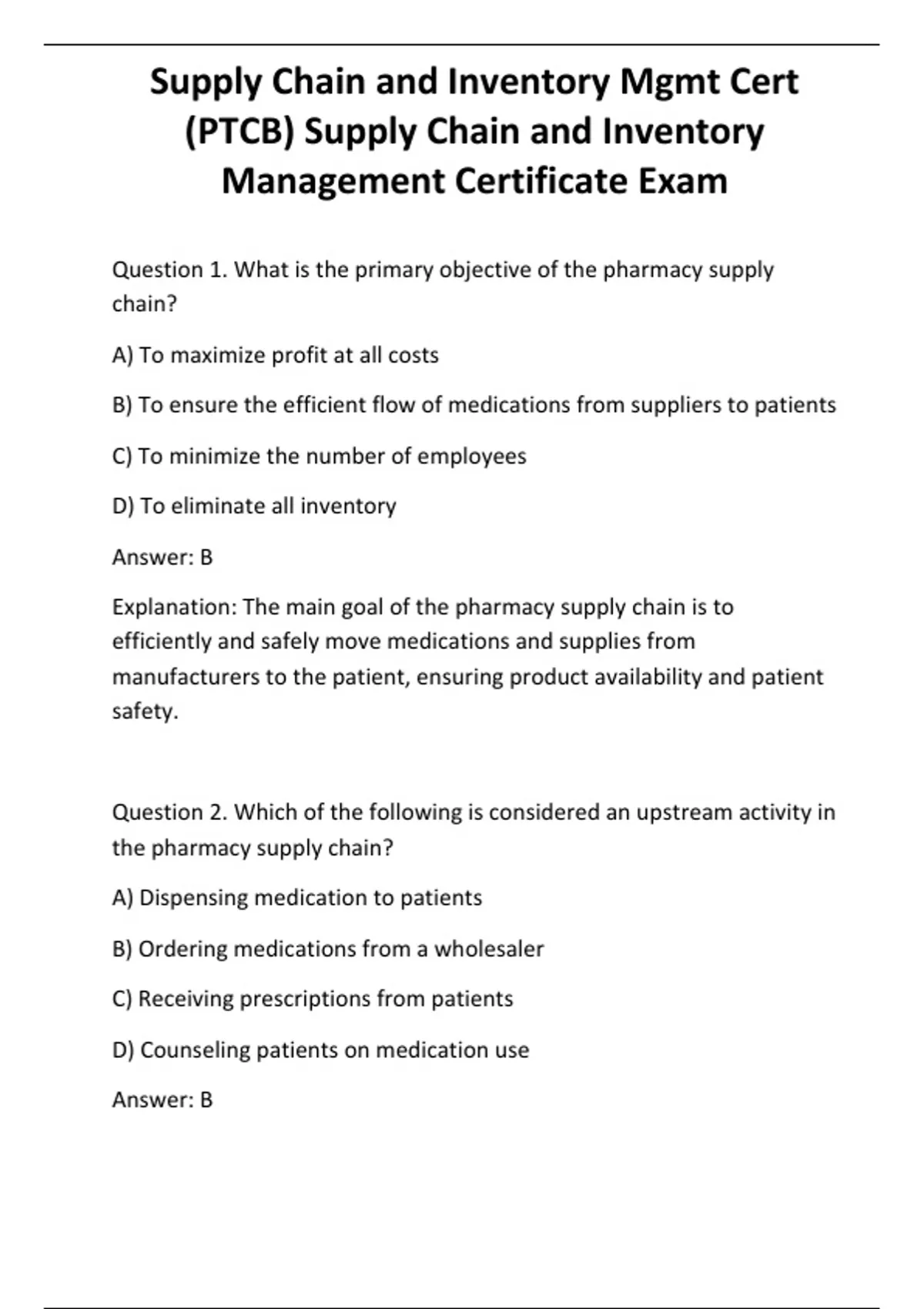 Supply Chain and Inventory Mgmt Cert (PTCB) Supply Chain and Inventory ...