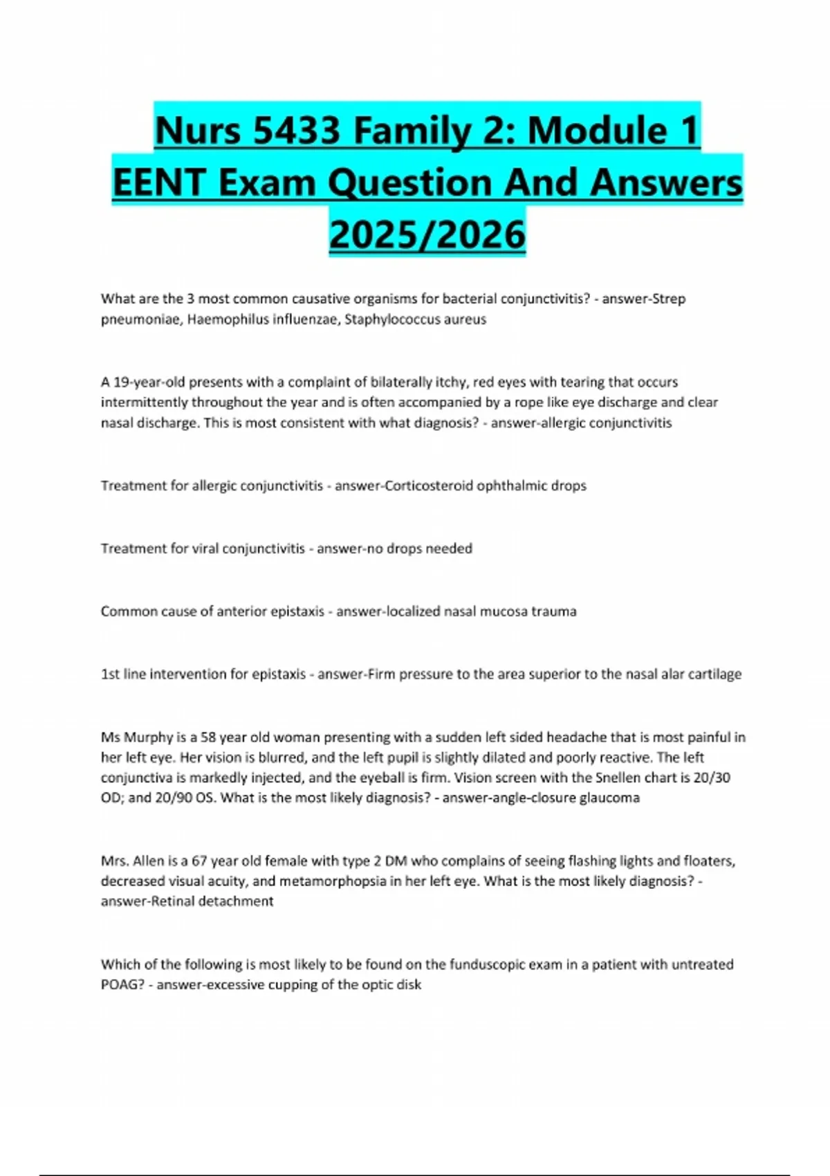 Nurs 5433 Family 2: Module 1 EENT Exam Question And Answers 2025/2026 ...