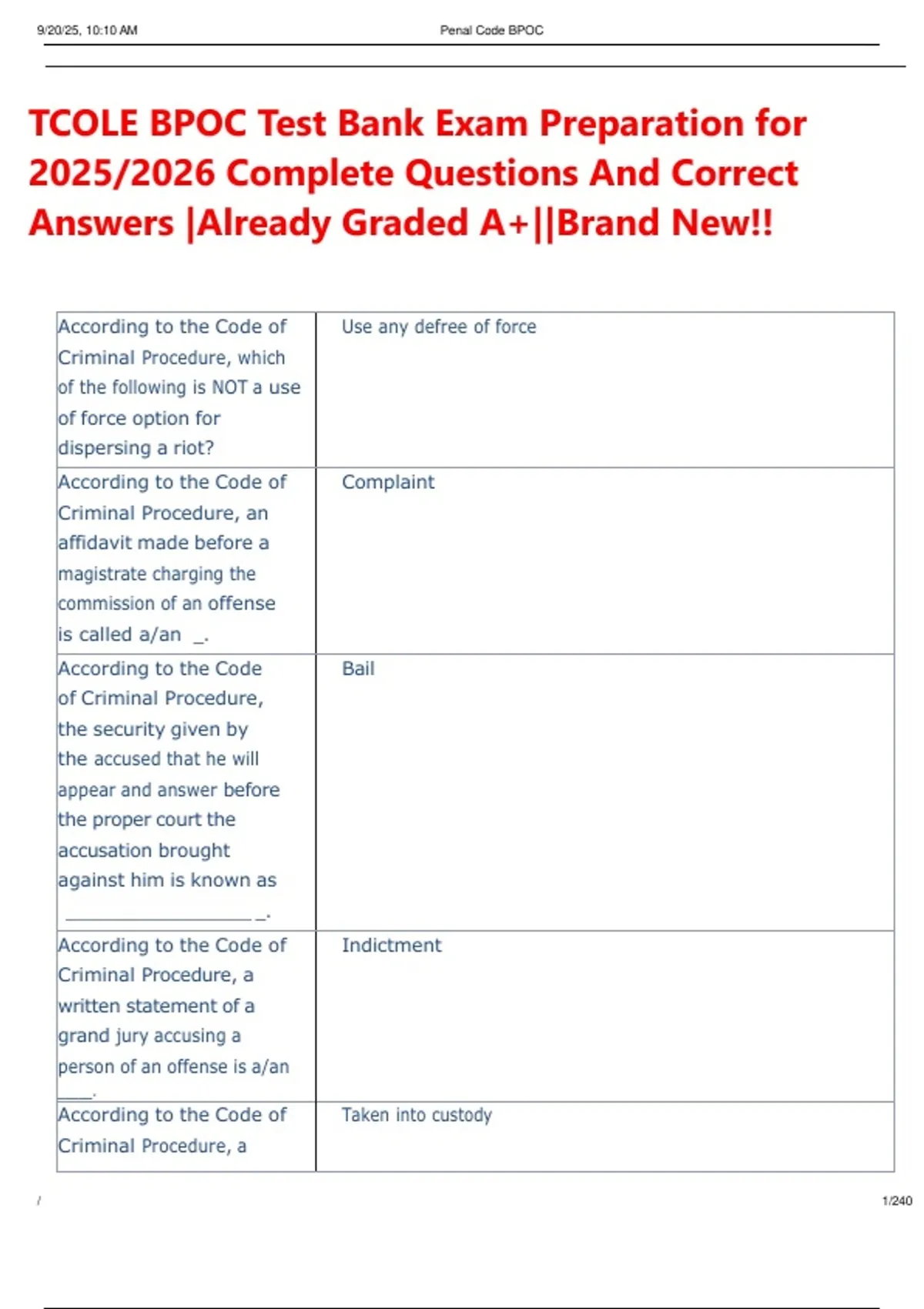 TCOLE BPOC Test Bank Practice Exam 2025/2026 - Stuvia US