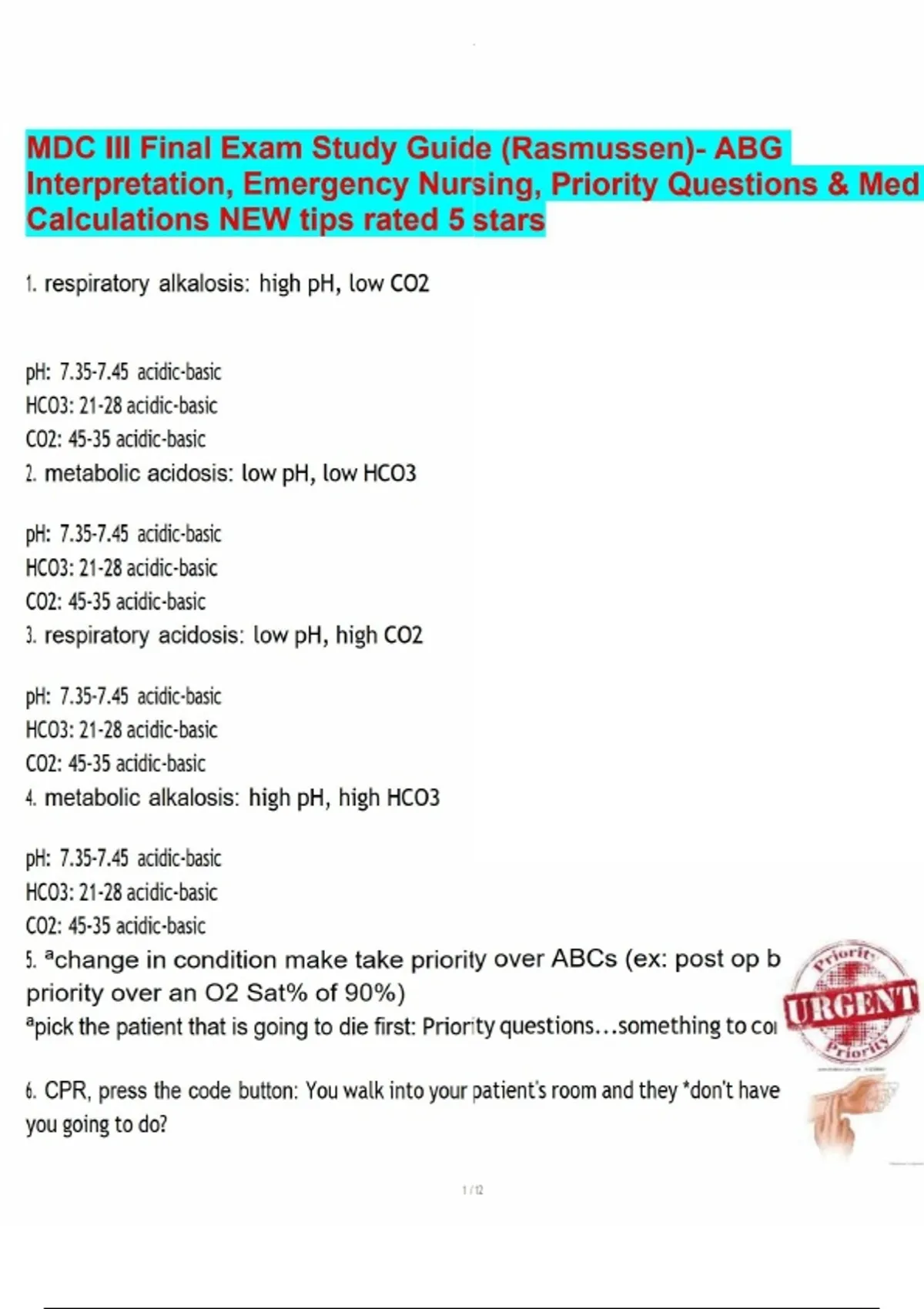 MDC III Final Exam Study Guide (Rasmussen)- ABG Interpretation ...