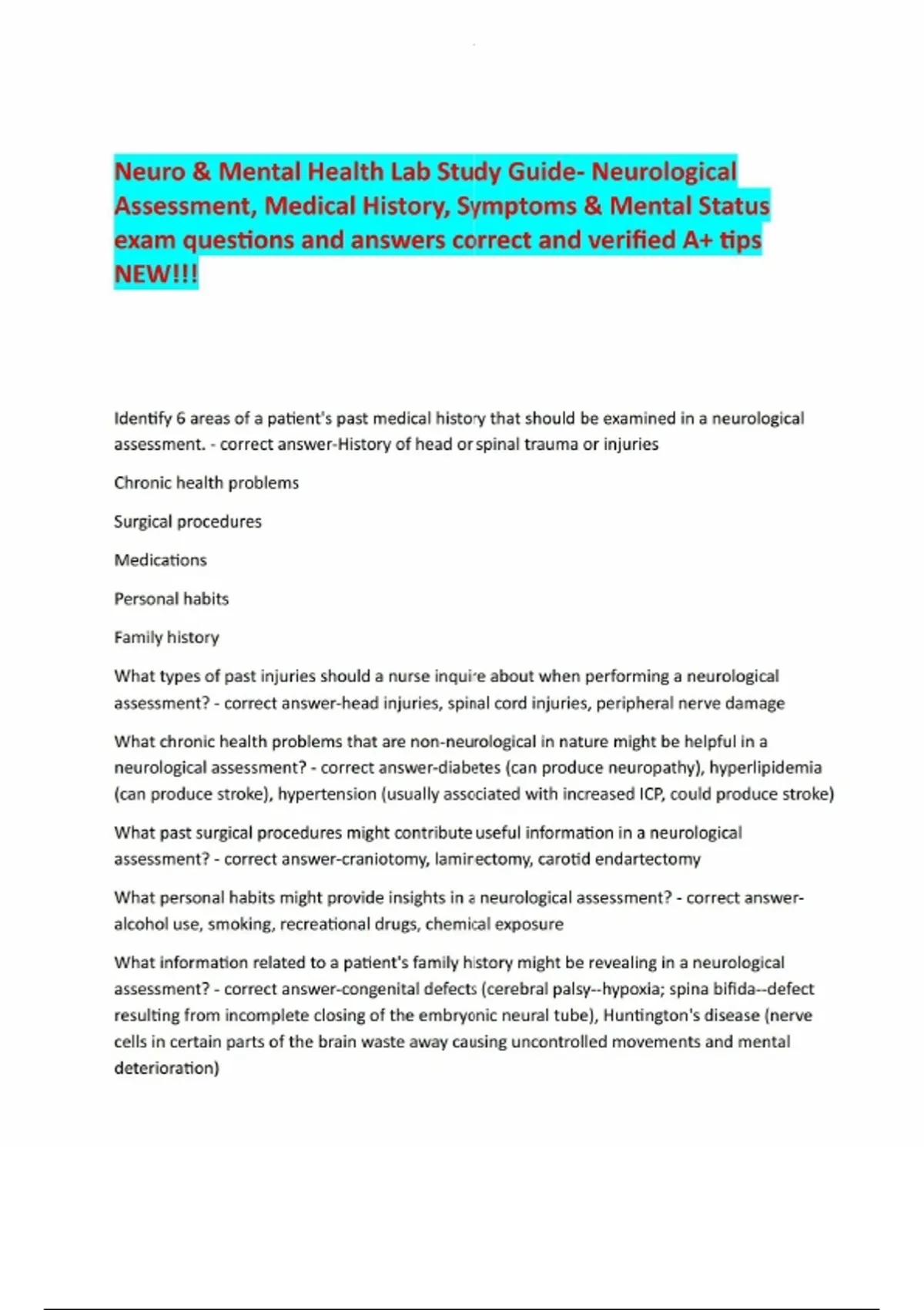 Neuro & Mental Health Lab Study Guide- Neurological Assessment, Medical ...