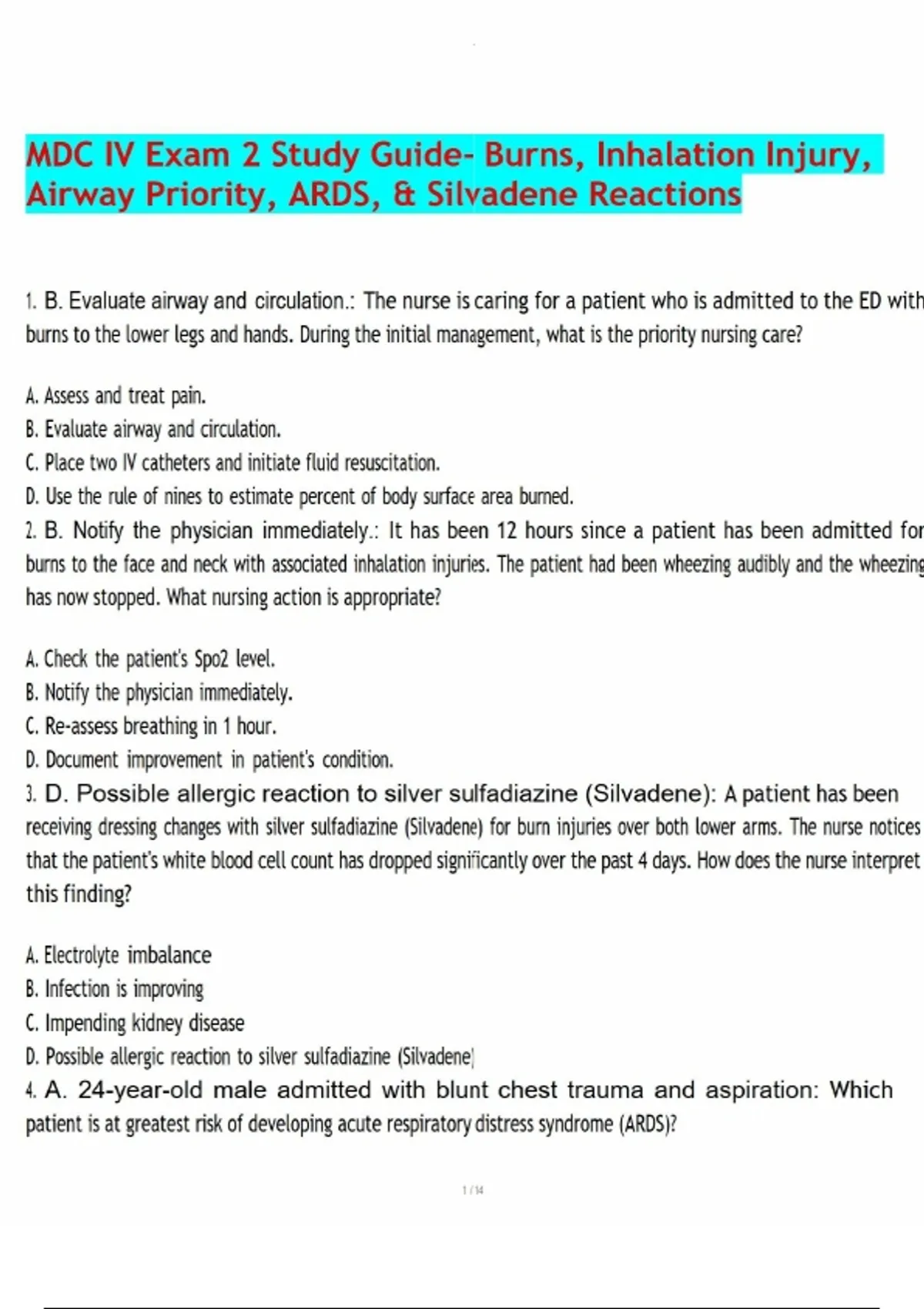 MDC IV Exam 2 Study Guide- Burns, Inhalation Injury, Airway Priority ...