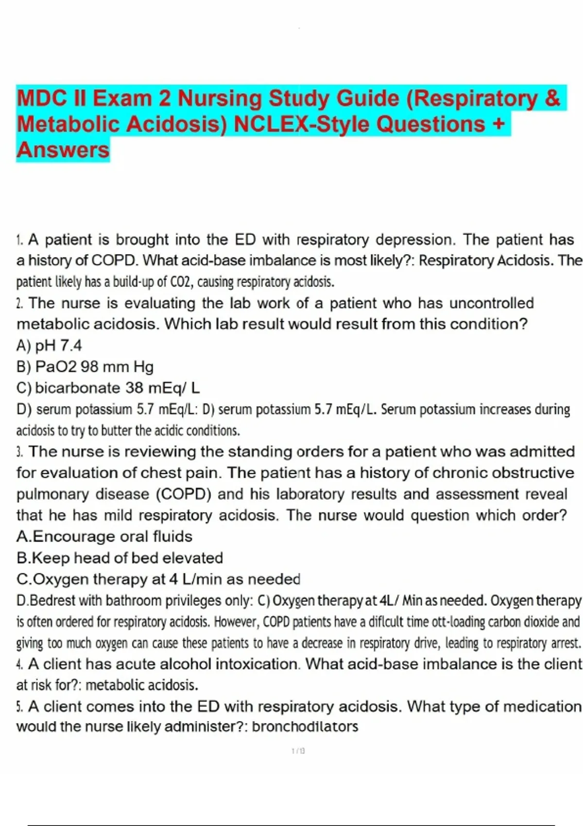MDC II Exam 2 Nursing Study Guide (Respiratory & Metabolic Acidosis) NCLEX-Style Questions ...