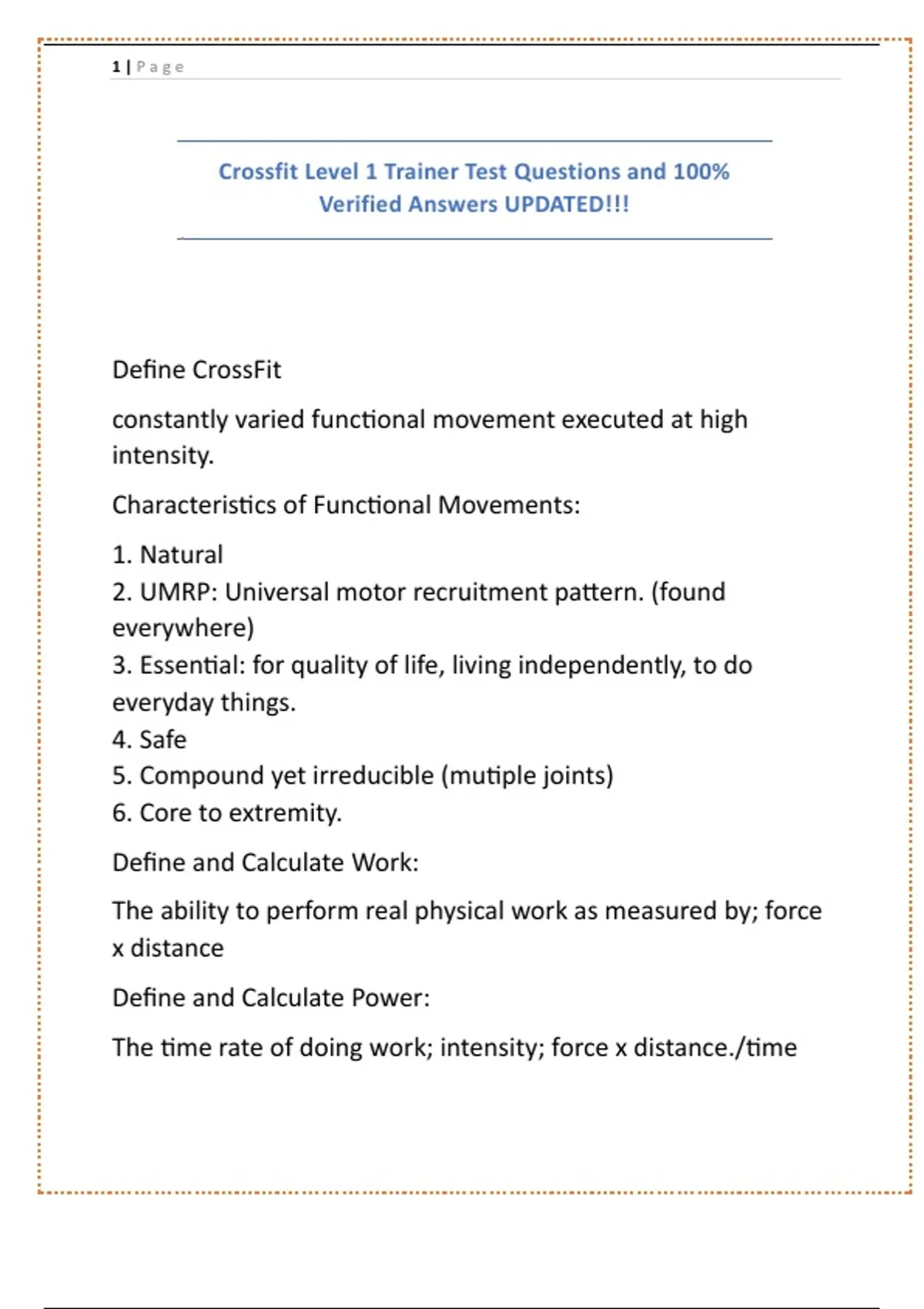 Crossfit Level 1 Trainer Test Complete Questions And Answers (Verified ...