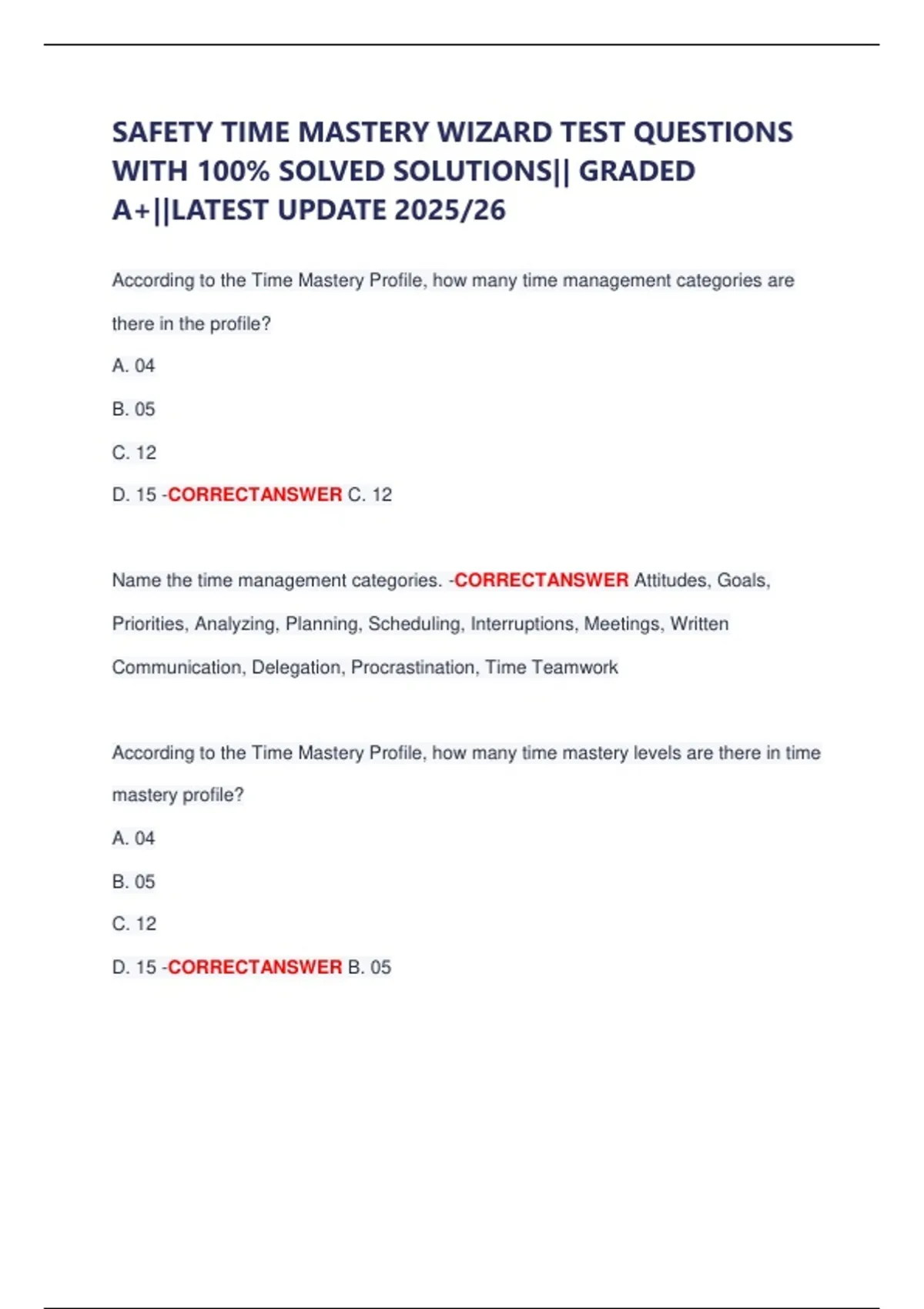 SAFETY TIME MASTERY WIZARD TEST QUESTIONS WITH 100% SOLVED SOLUTIONS ...