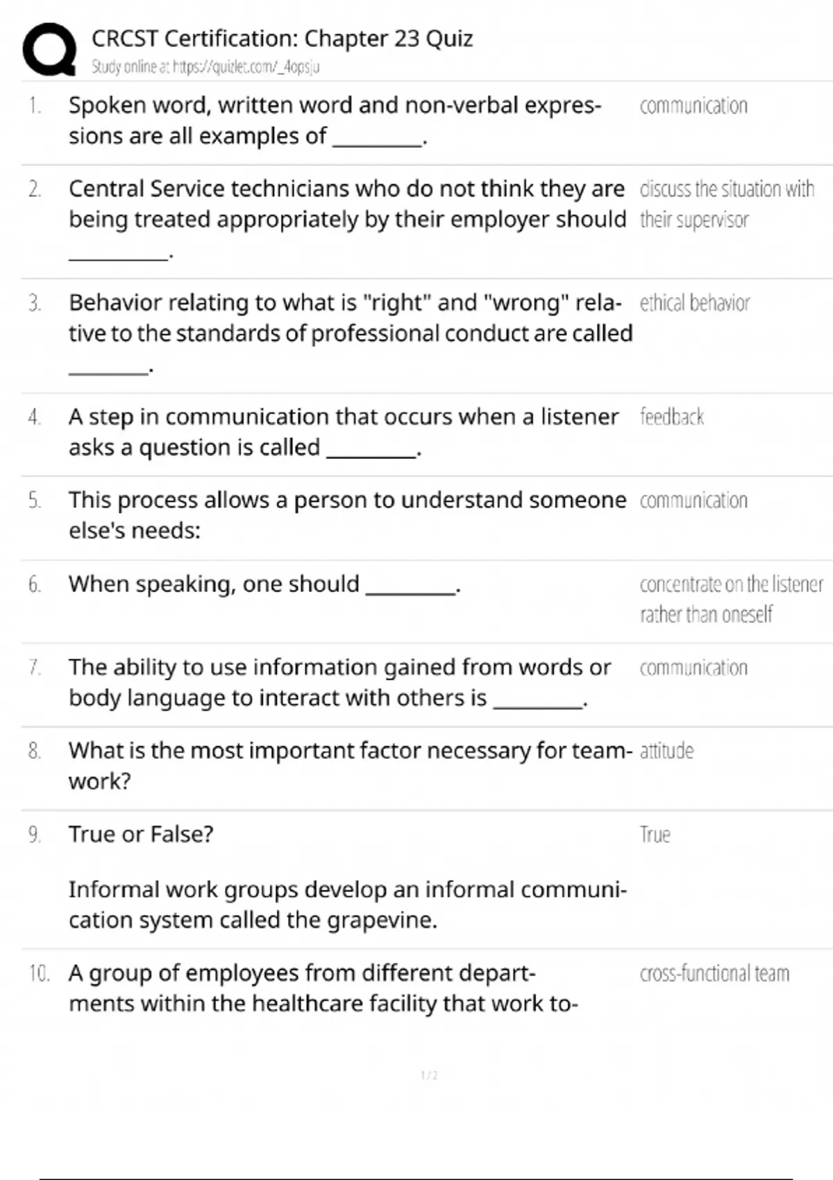 CRCST Certification Chapter 23 Quiz Test Bank / Central Sterile ...