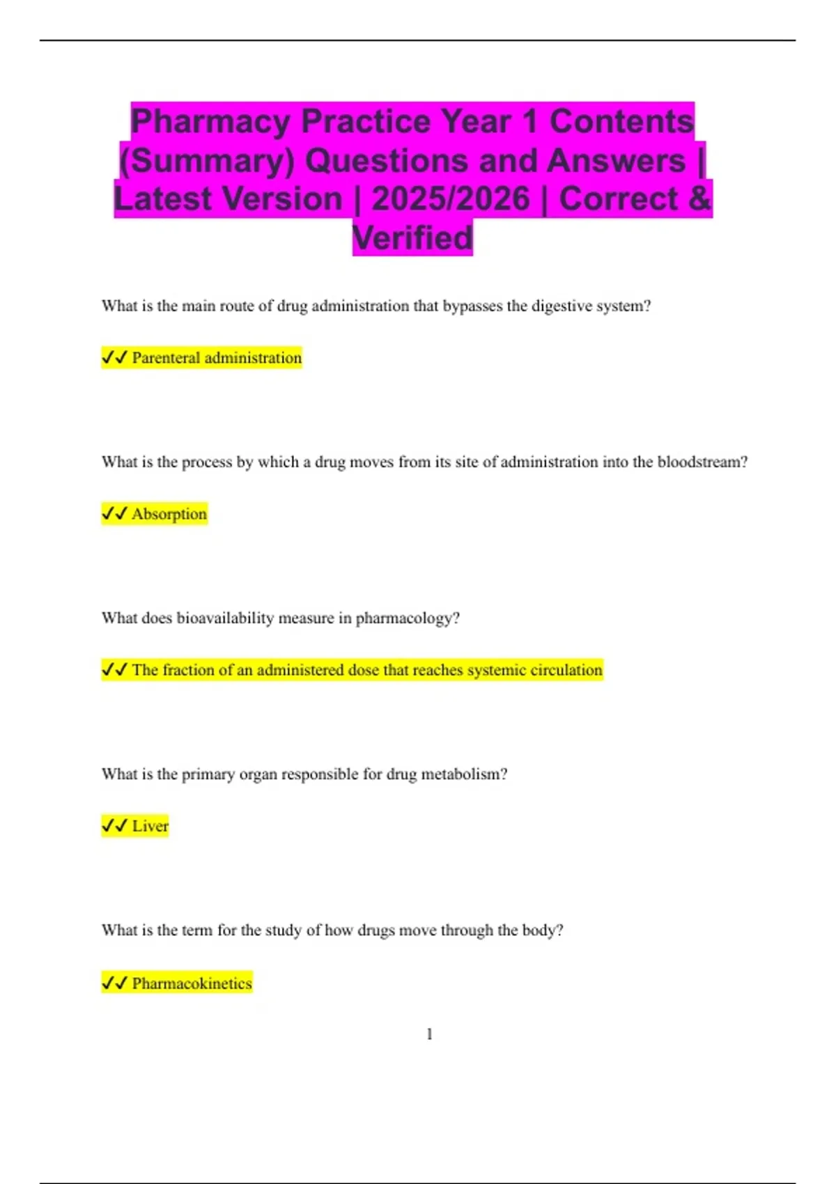 Pharmacy Practice Year 1 Contents (Summary) Questions and Answers ...