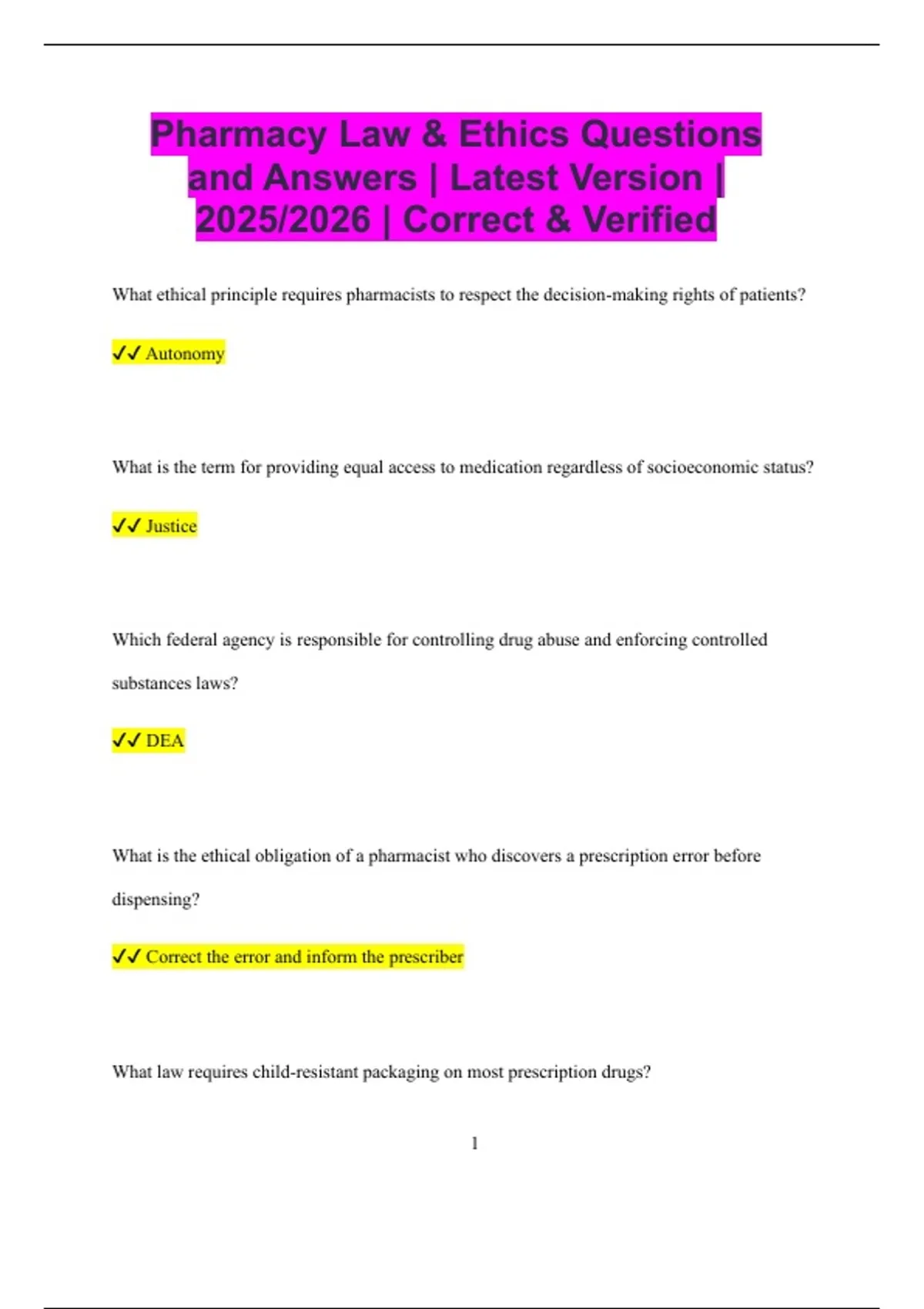 Pharmacy Law & Ethics Questions and Answers | Latest Version | 2025/ ...