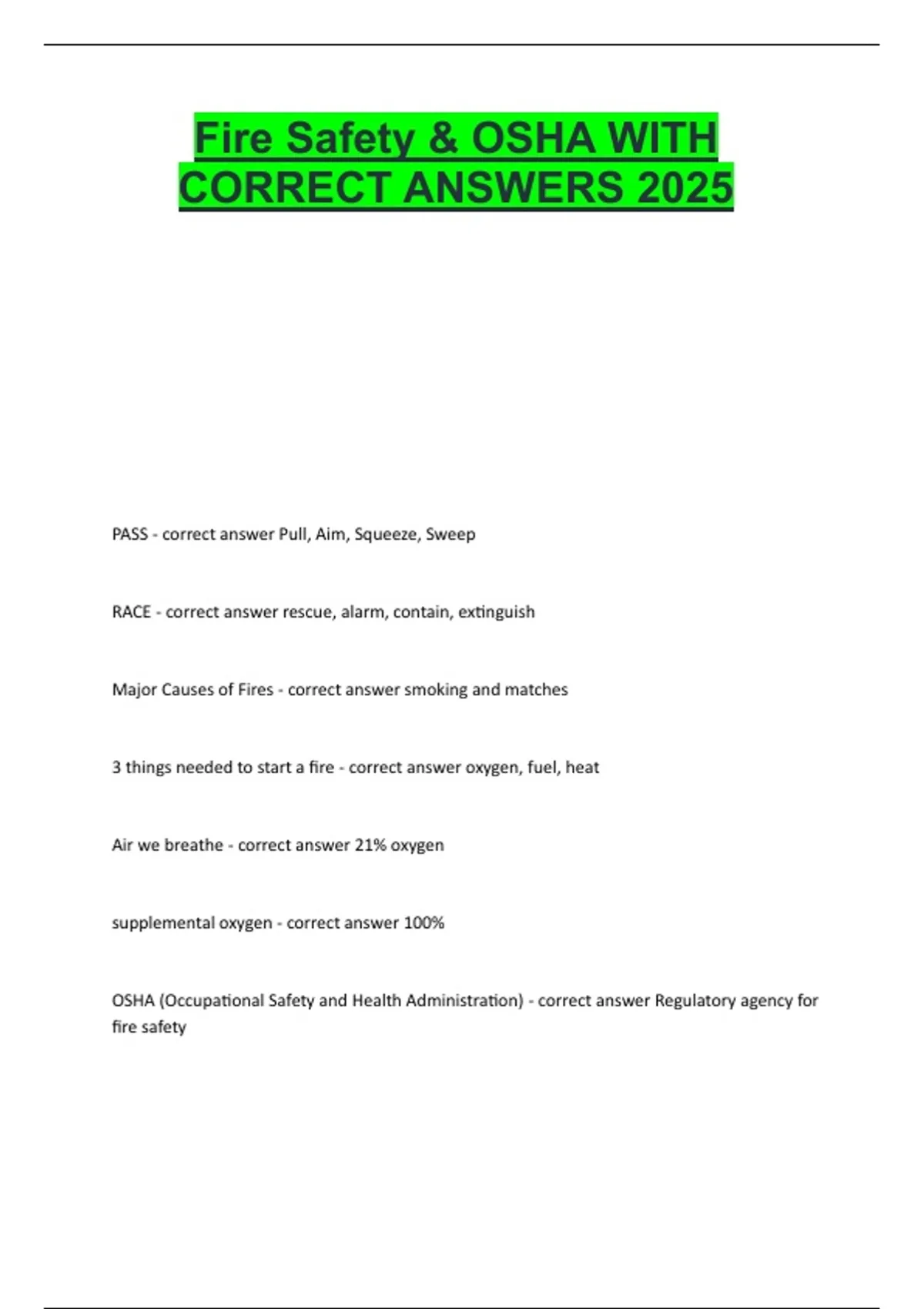 Fire Safety & OSHA WITH CORRECT ANSWERS 2025 - Fire Safety & OSHA 2025 ...