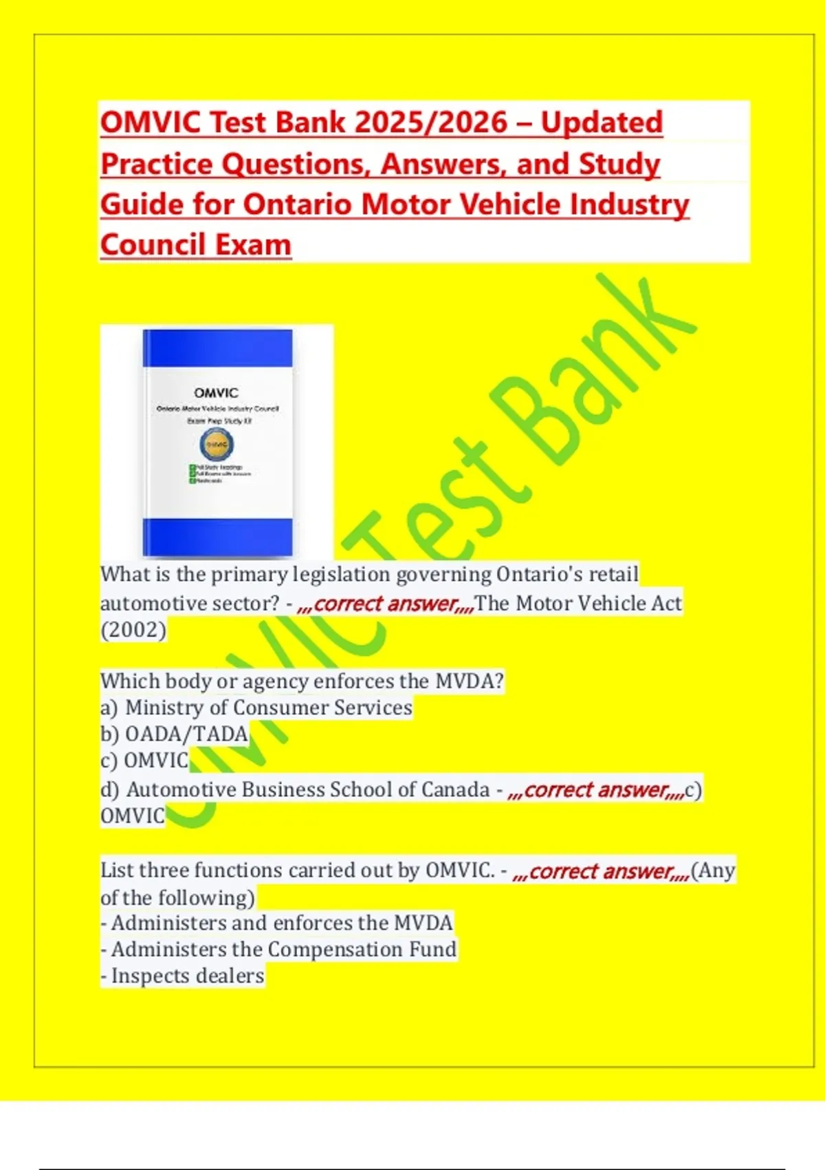 OMVIC Test Bank 2025/2026 – Updated Practice Questions, Answers, and ...