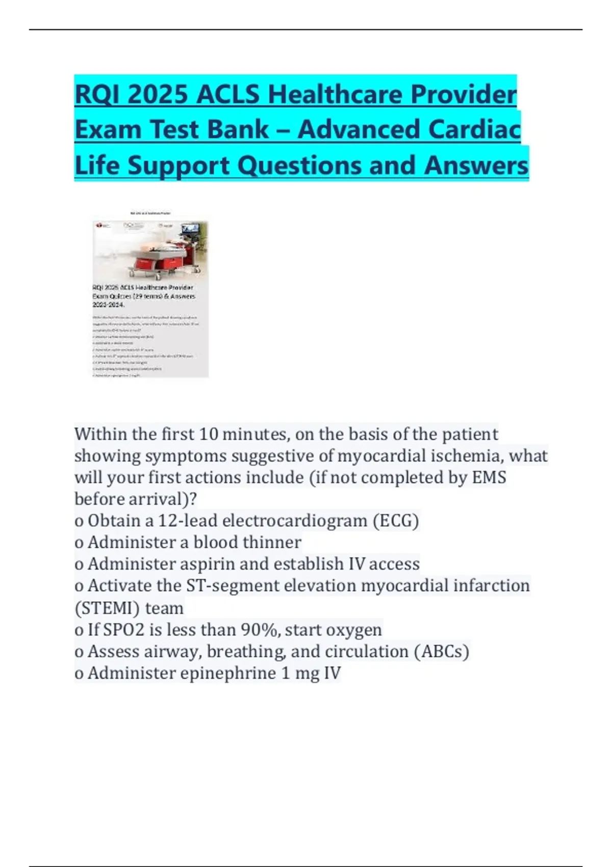 RQI 2025 ACLS Healthcare Provider Exam Test Bank – Advanced Cardiac ...