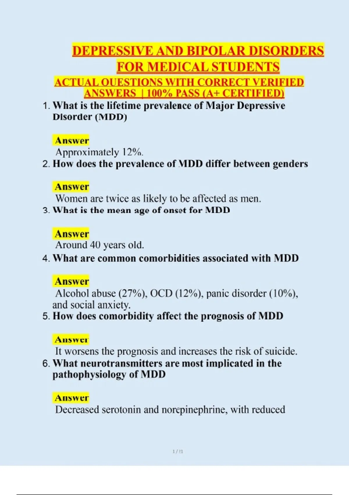 DEPRESSIVE AND BIPOLAR DISORDERS FOR MEDICAL STUDENTS ACTUAL QUESTIONS ...