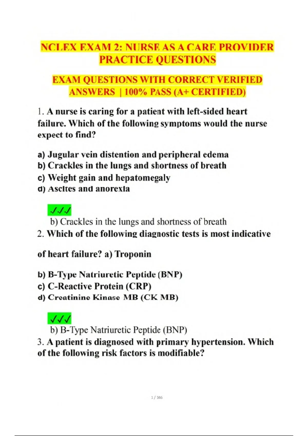 NCLEX EXAM 2: NURSE AS A CARE PROVIDER PRACTICE QUESTIONS EXAM ...