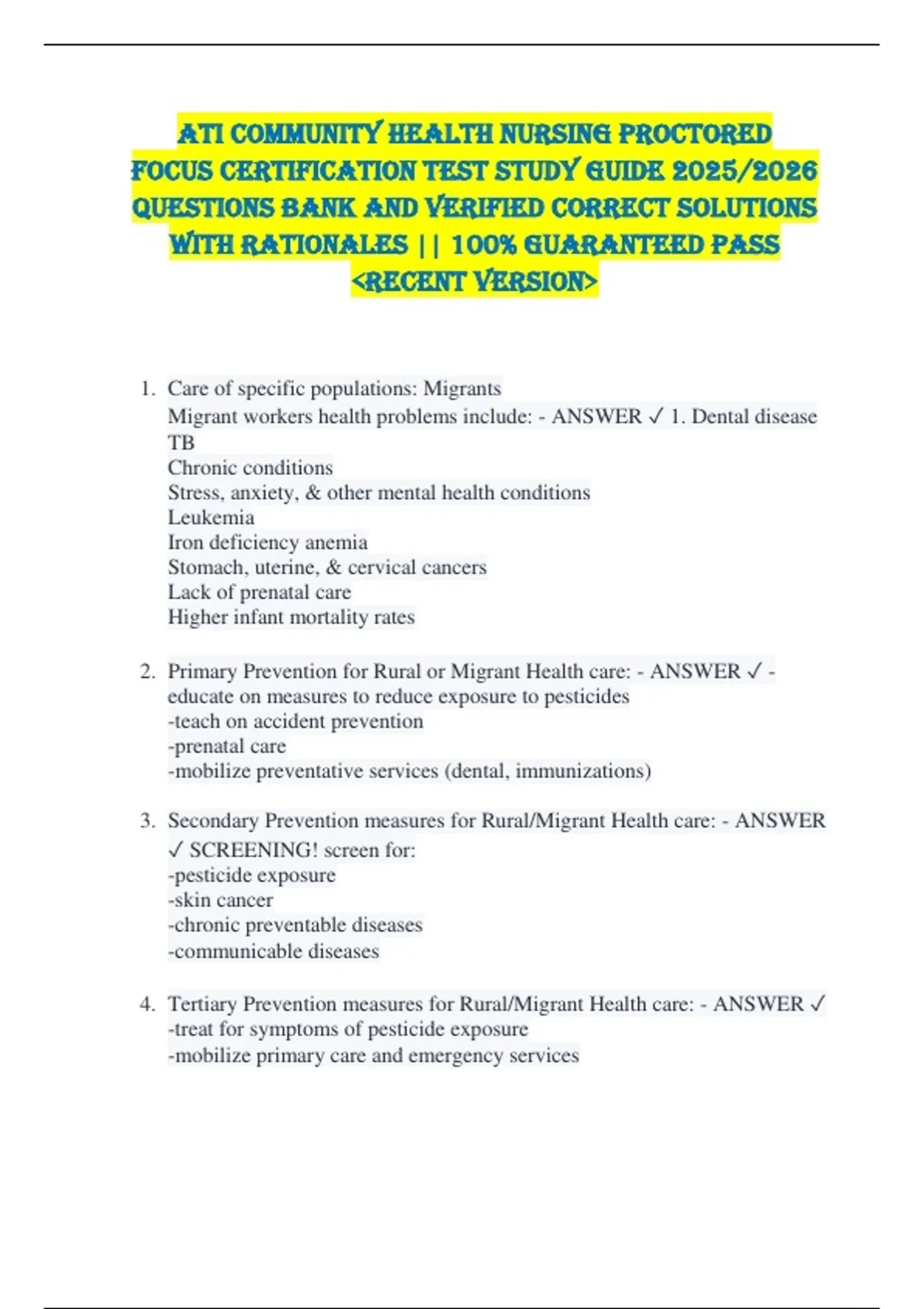 ATI Community Health Nursing Proctored Focus CERTIFICATION TEST STUDY ...