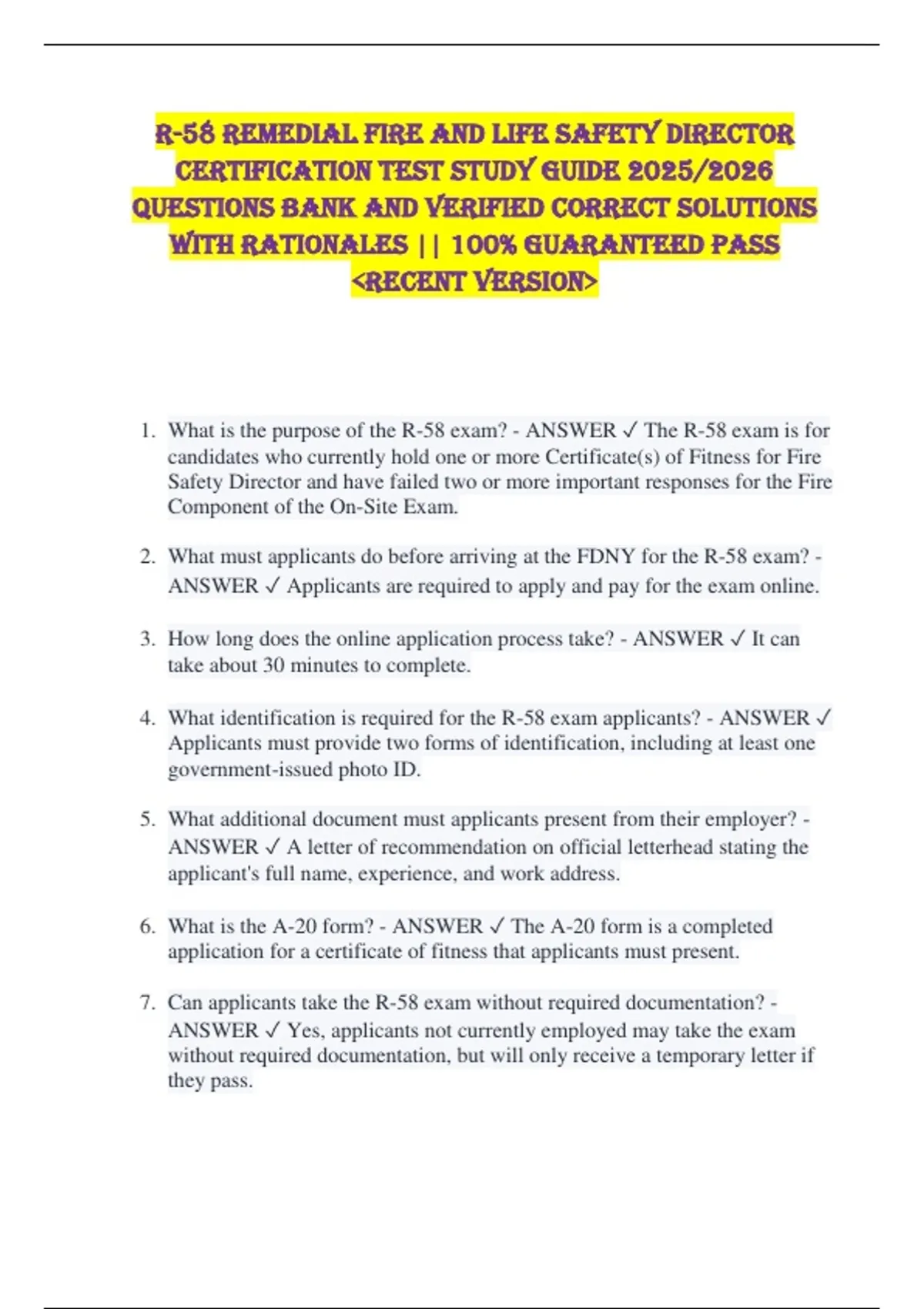 R-58 Remedial Fire and Life Safety Director CERTIFICATION TEST STUDY ...