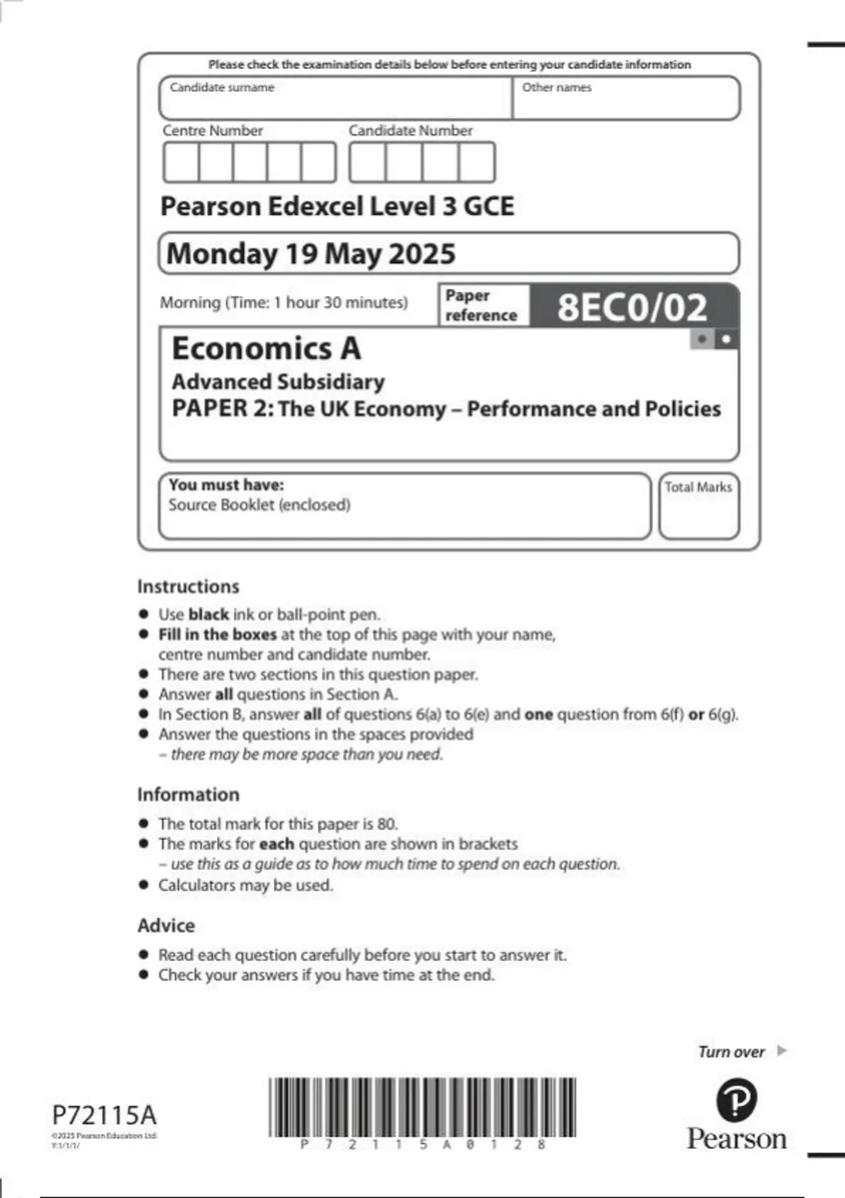 Pearson Edexcel Level 3 GCE 8EC0/02 Economics A Advanced Subsidiary ...