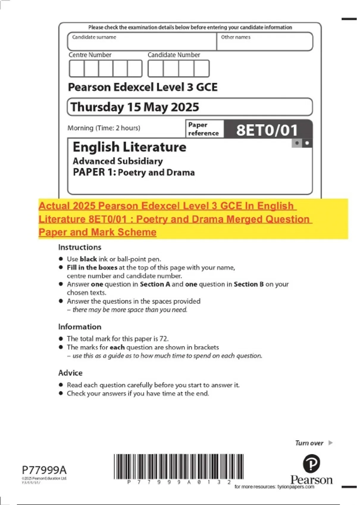 Actual 2025 Pearson Edexcel Level 3 GCE In English Literature 8ET0/01 ...