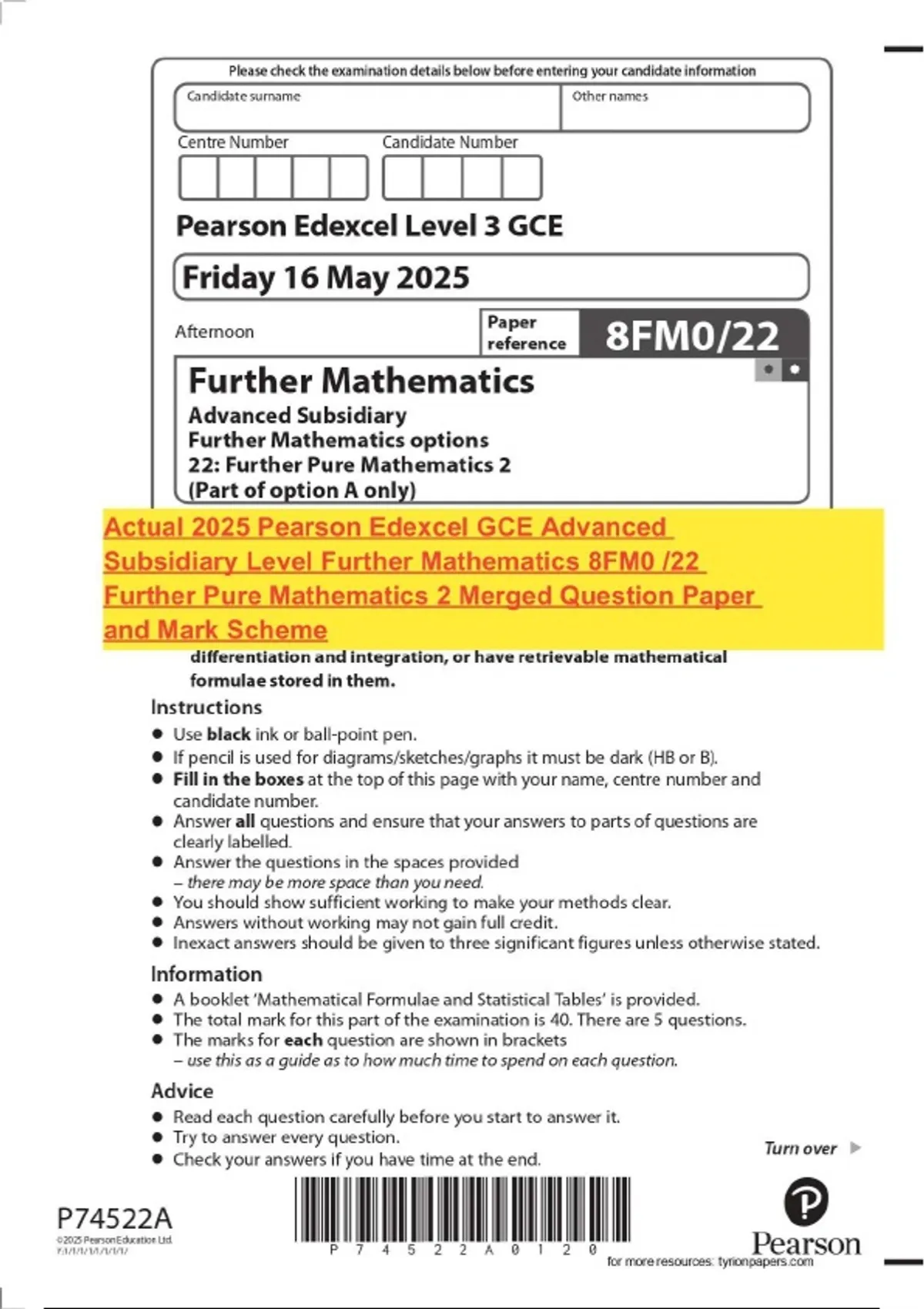 Actual 2025 Pearson Edexcel GCE Advanced Subsidiary Level Further ...