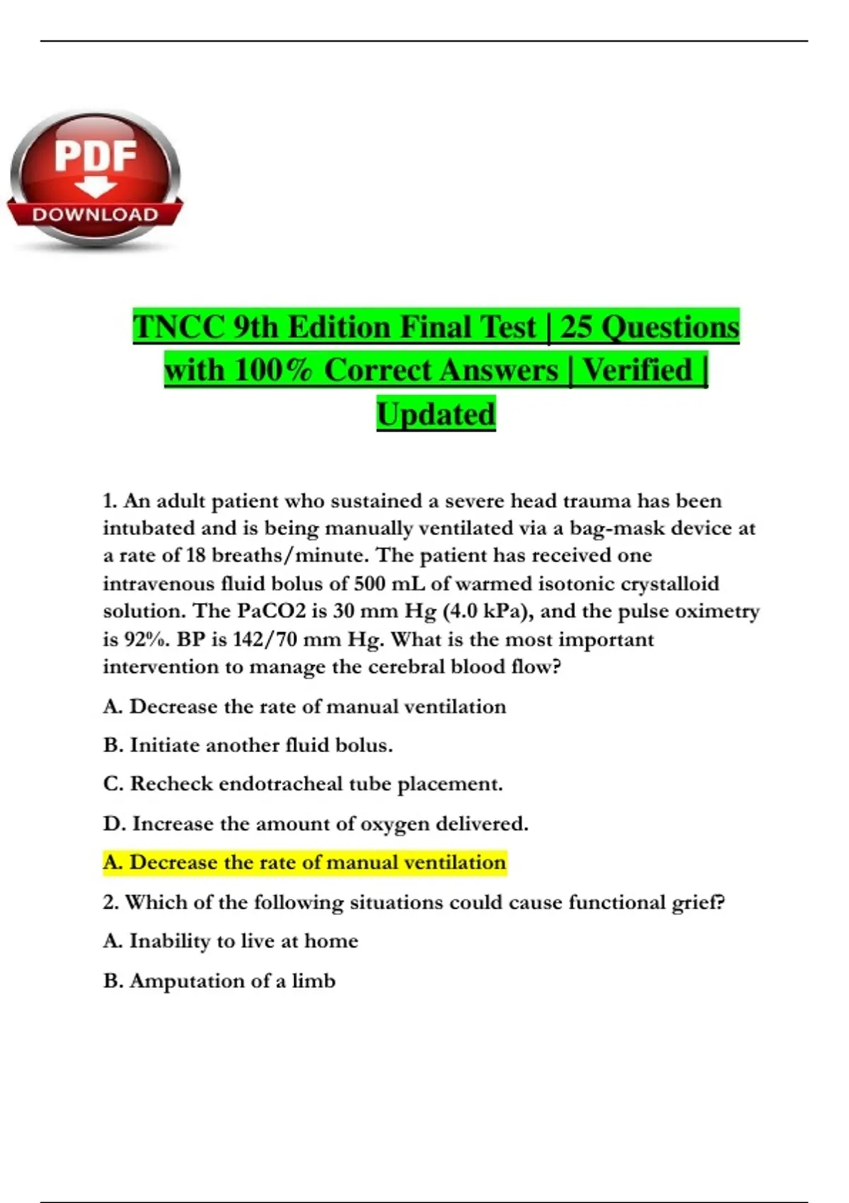 TNCC 9th Edition Final Test | 25 Questions with 100% Correct Answers ...