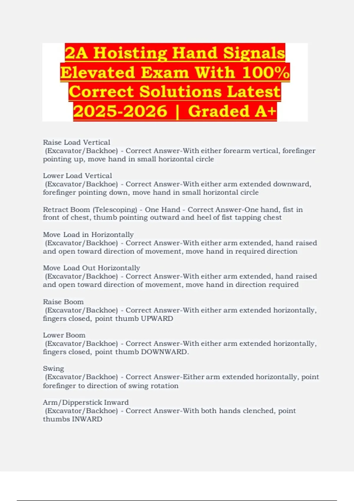 2A Hoisting Hand Signals Elevated Exam with 100% Correct Solutions ...
