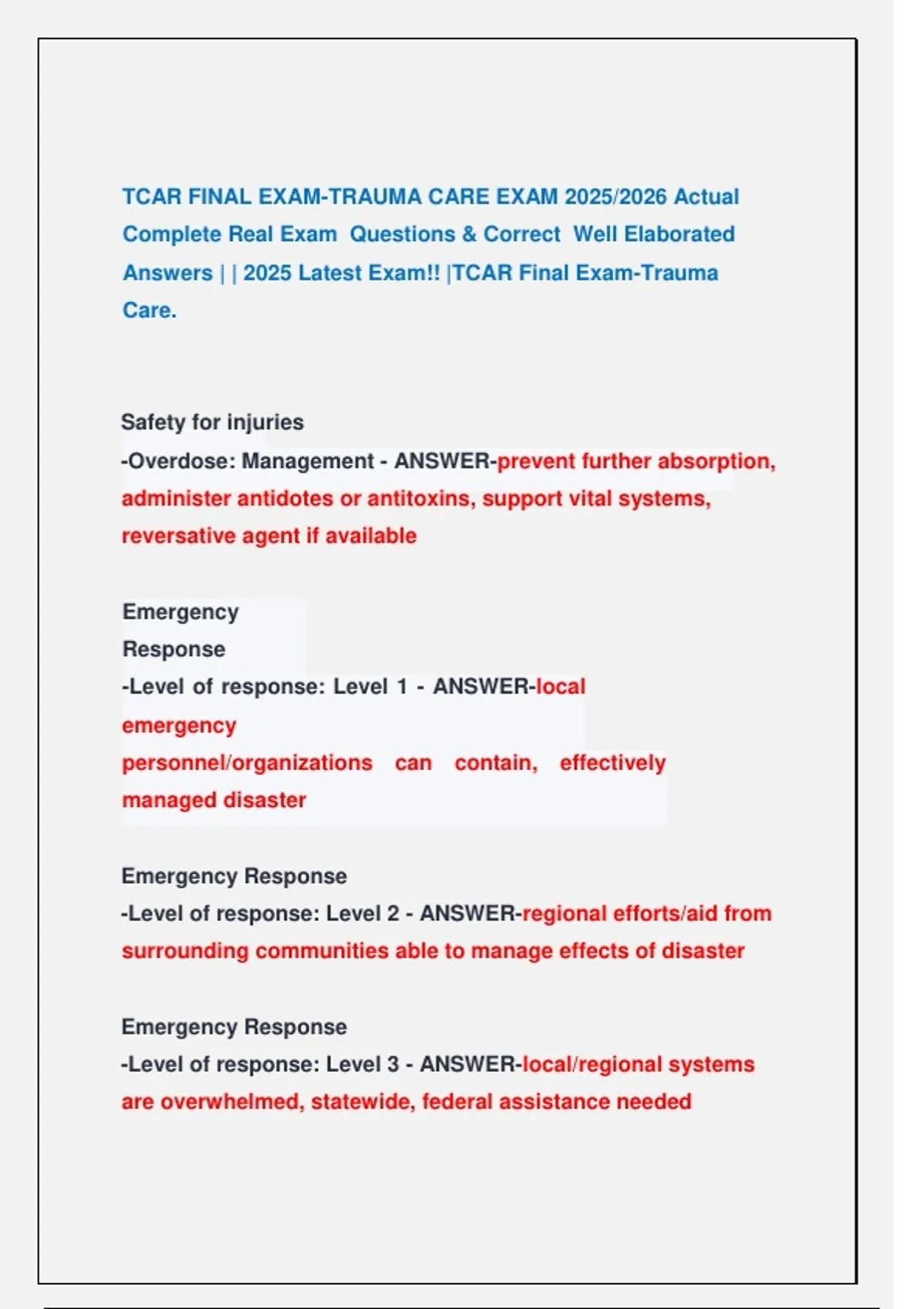 TCAR FINAL EXAM-TRAUMA CARE EXAM 2025/2026 Actual Complete Real Exam ...