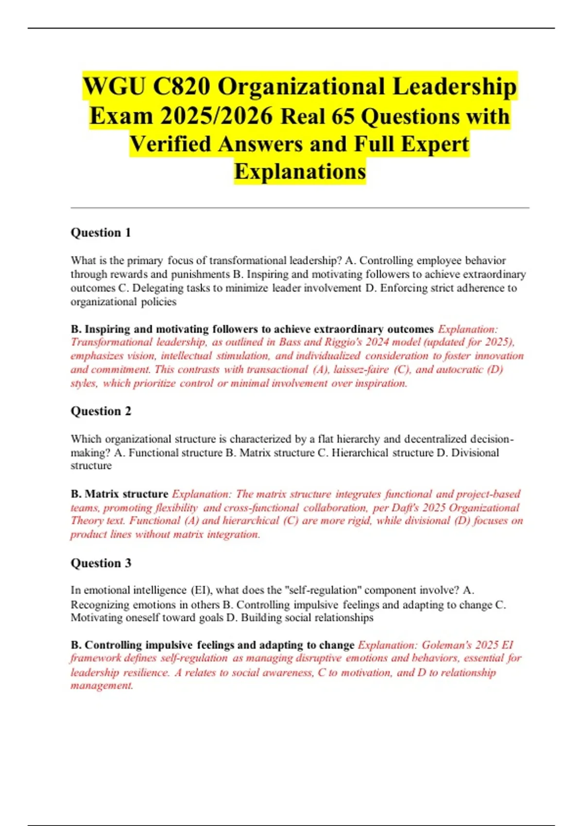 WGU C820 Organizational Leadership Exam 2025/2026 Real 65 Questions ...