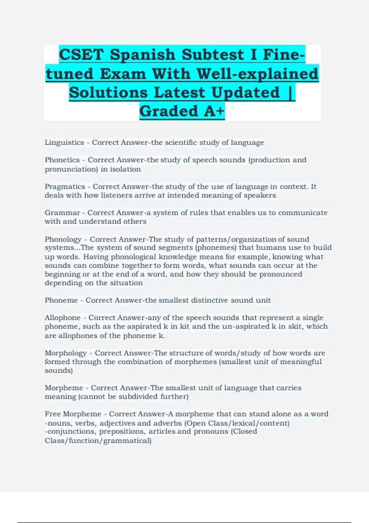 CSET Spanish Subtest I Fine-Tuned Exam with Well-Explained Solutions ...