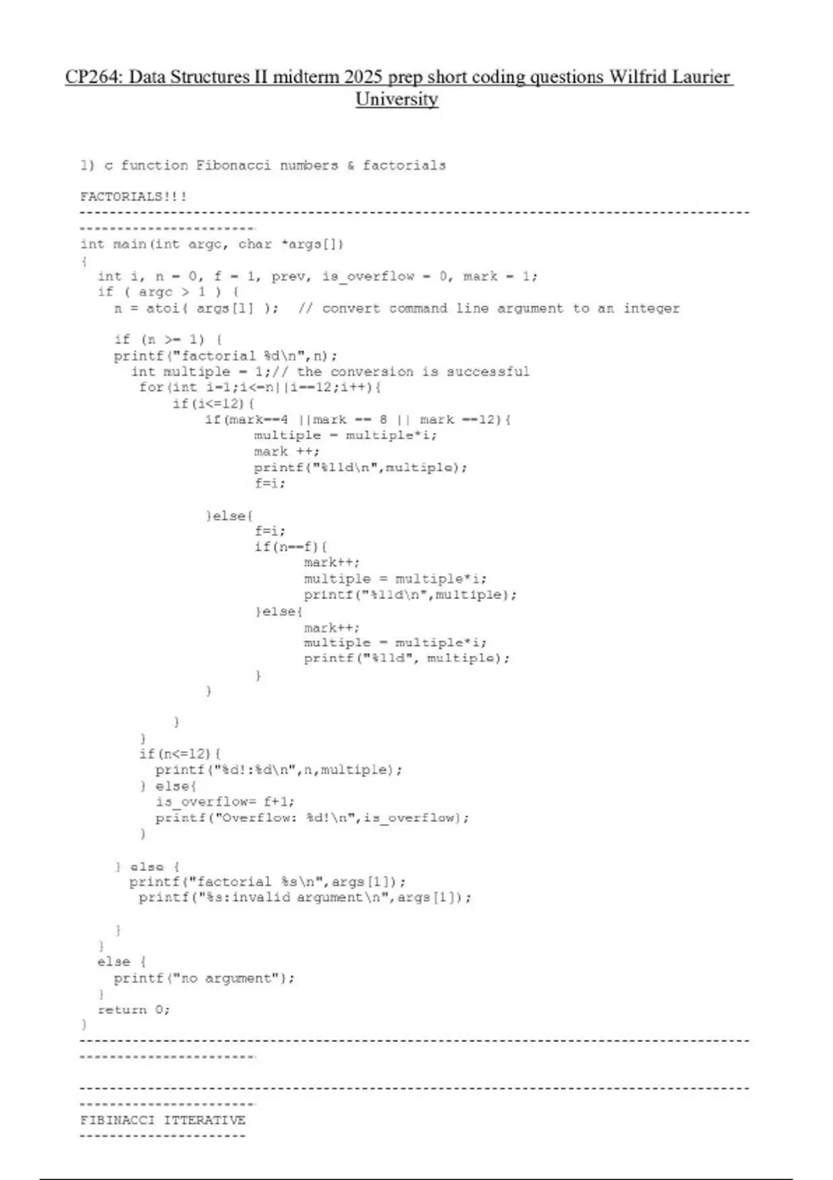 CP264: Data Structures II midterm 2025 prep short coding questions Wilfrid Laurier University ...