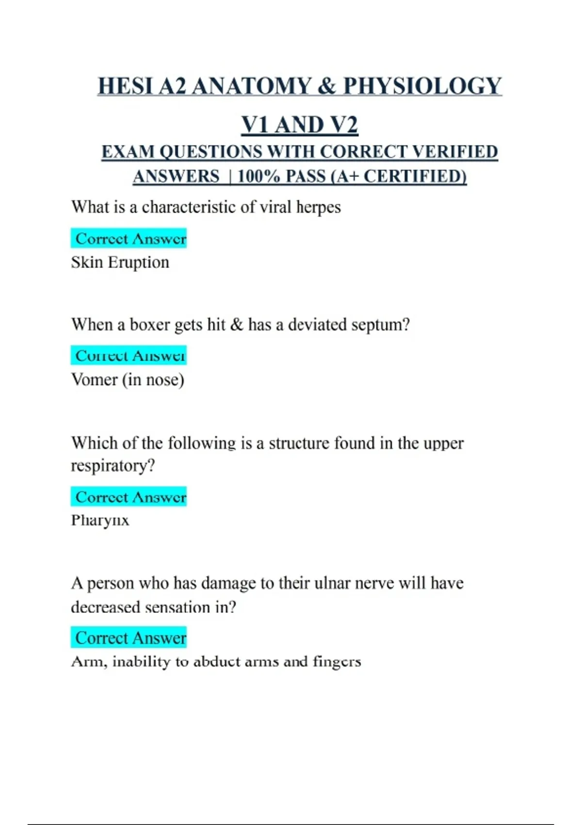 HESI A2 ANATOMY & PHYSIOLOGY V1 AND V2 EXAM QUESTIONS WITH CORRECT ...