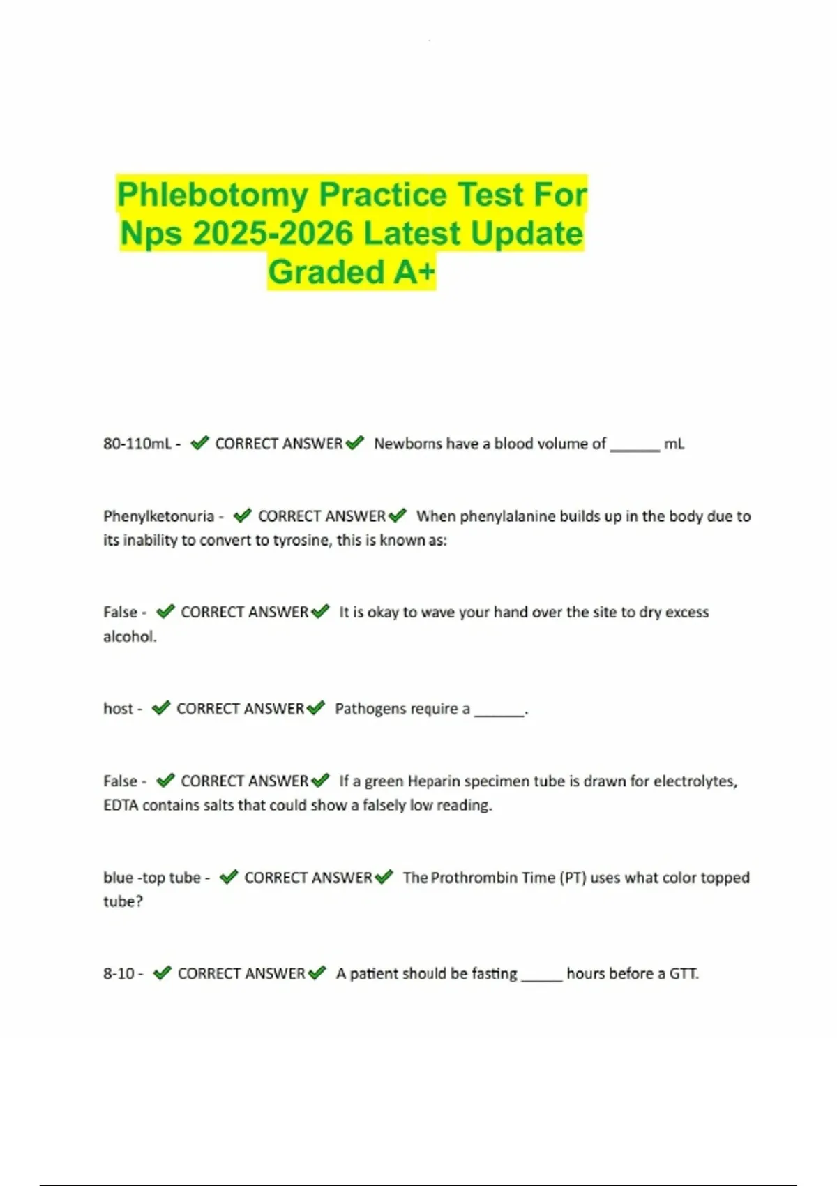 Phlebotomy Practice Test For Nps Latest Update Graded A+ - Phlebotomy ...