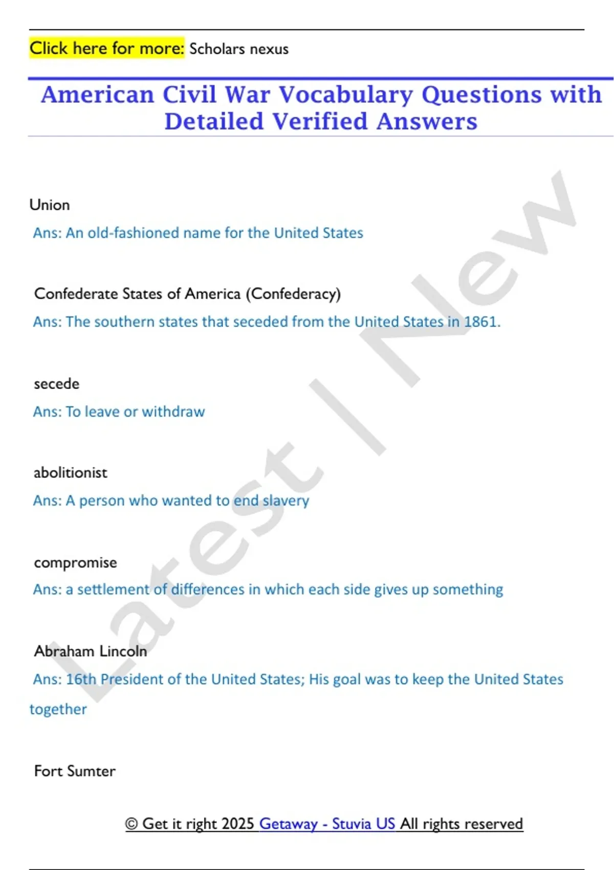 American Civil War Vocabulary Questions with Detailed Verified Answers ...