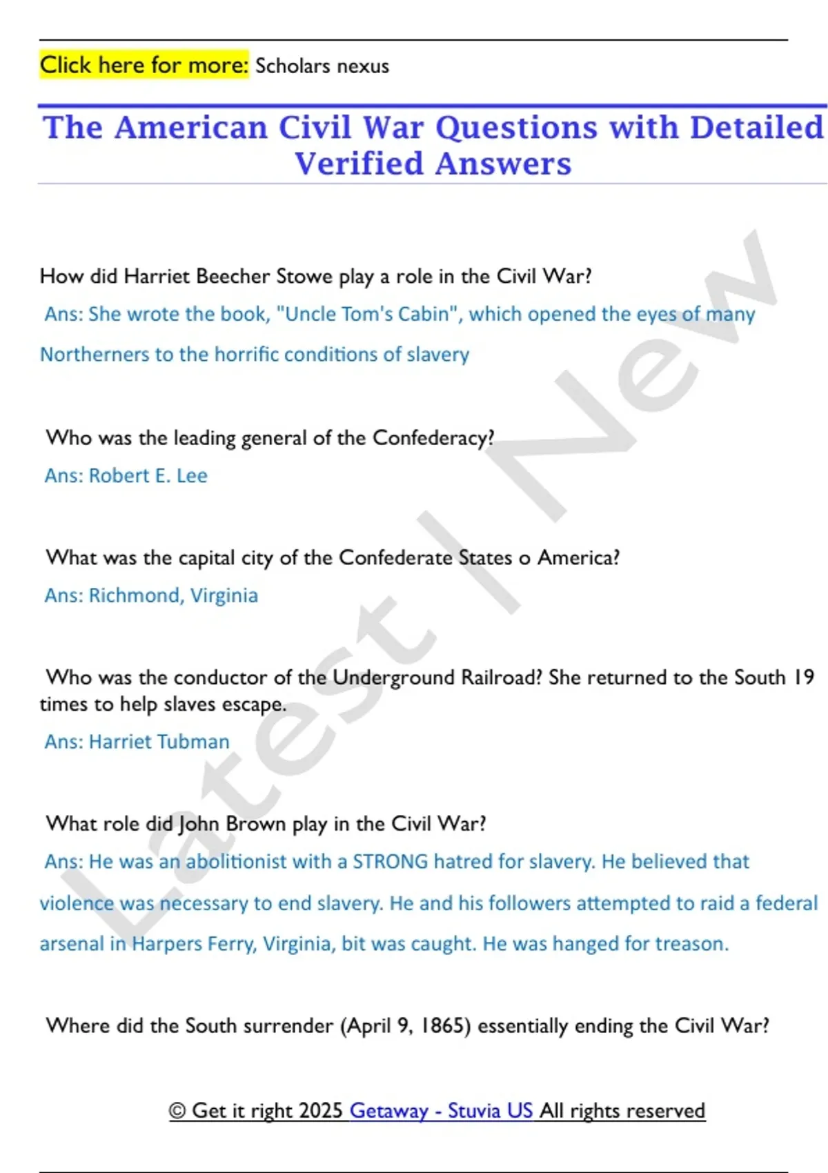 The American Civil War Questions with Detailed Verified Answers ...