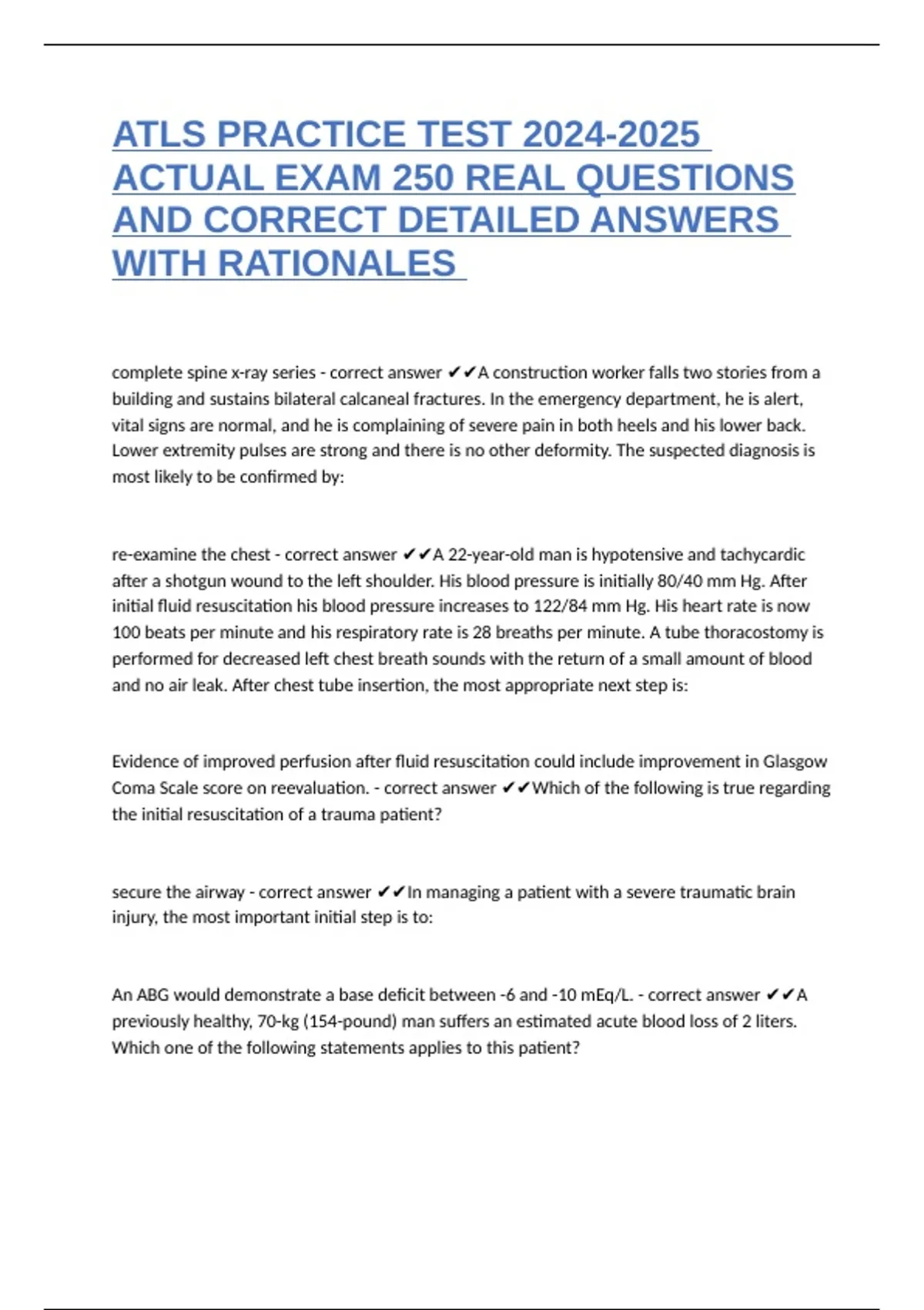 ATLS PRACTICE TEST ACTUAL EXAM 250 REAL QUESTIONS AND CORRECT DETAILED ...