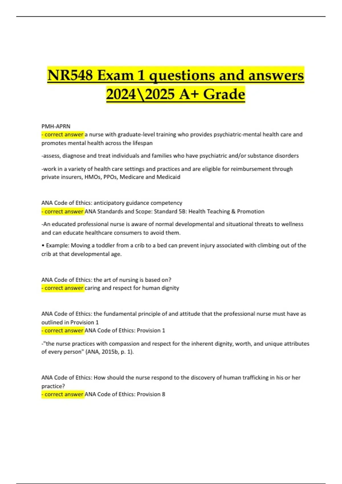 NR548 Exam 1 – Psychiatric Assessment for Psychiatric-Mental Health ...