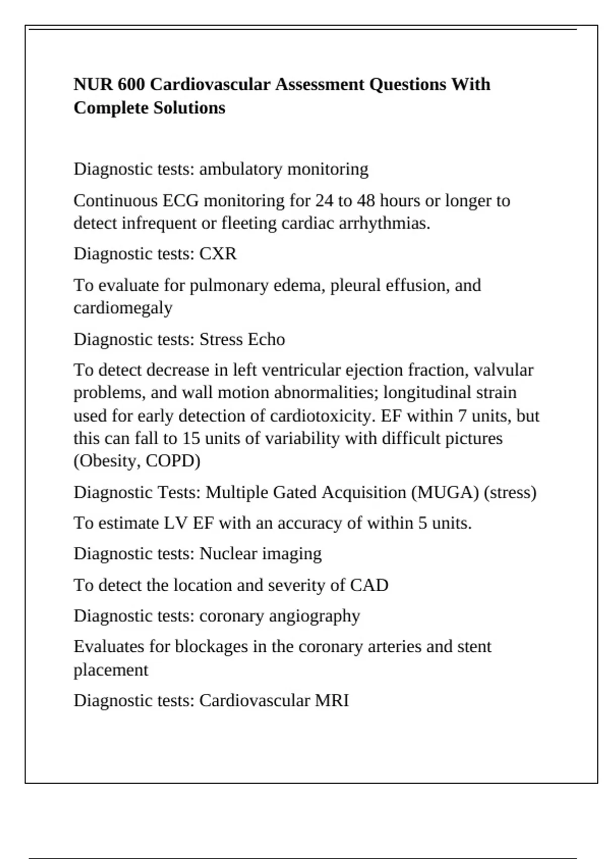 NUR 600 Cardiovascular Assessment Questions With Complete Solutions ...