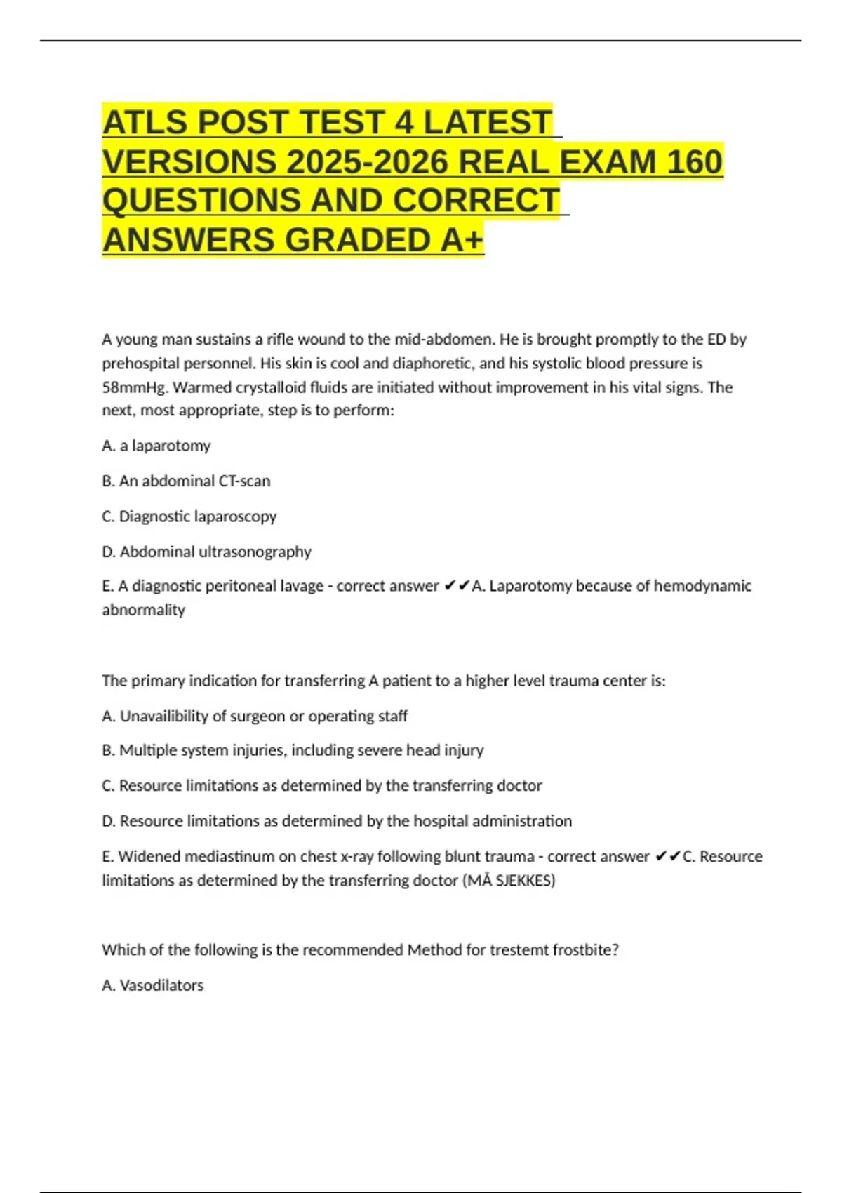 ATLS POST TEST 4 LATEST VERSIONS REAL EXAM 160 QUESTIONS AND CORRECT ...