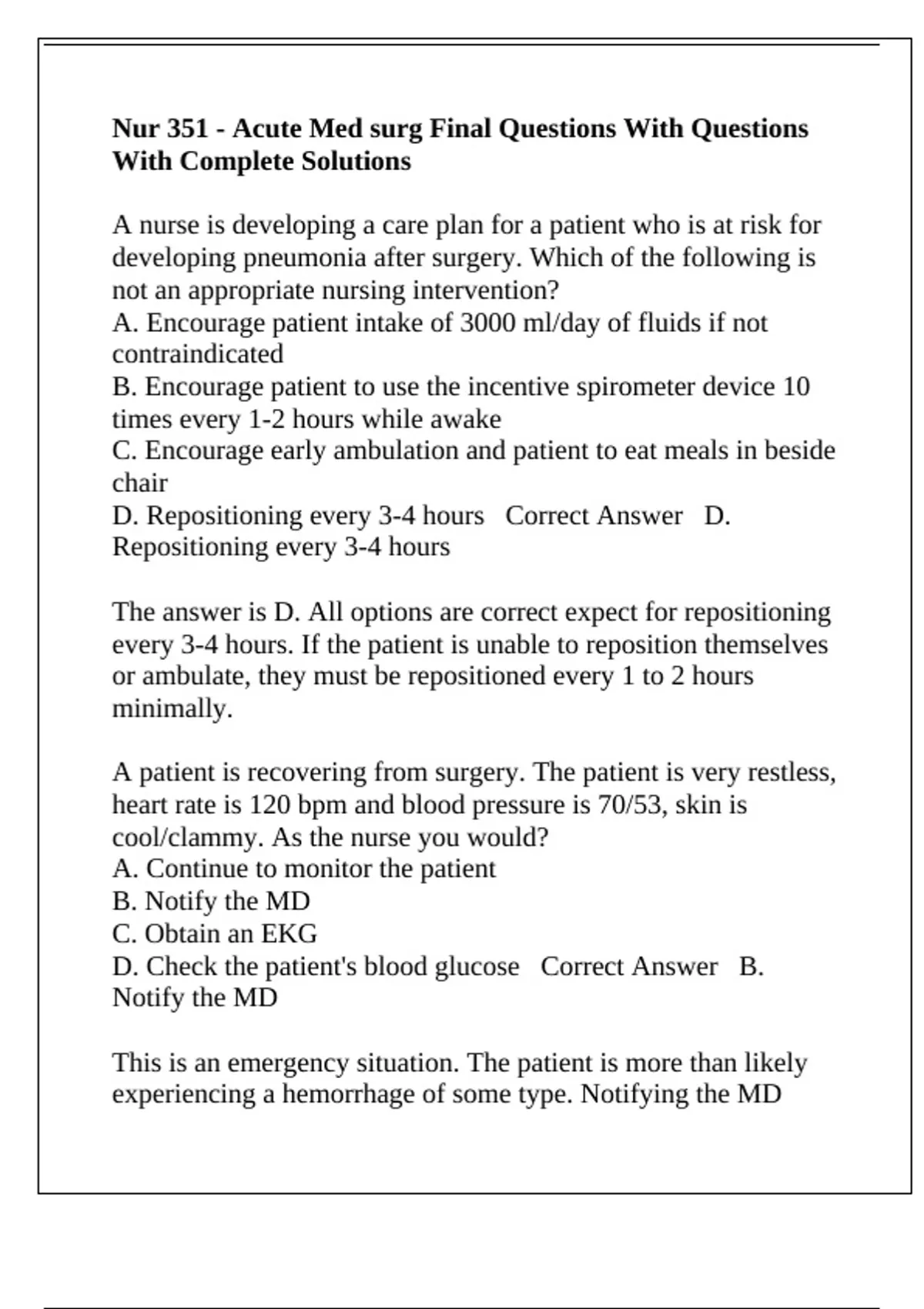 Nur 351 - Acute Med surg Final Questions With Questions With Complete ...