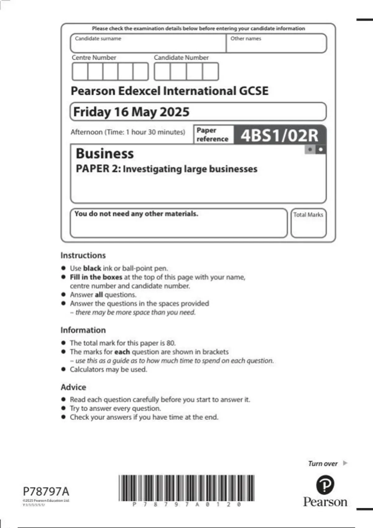 Pearson Edexcel IGCSE In Business (4BS1) Paper 2R JUNE 2025 Actual ...