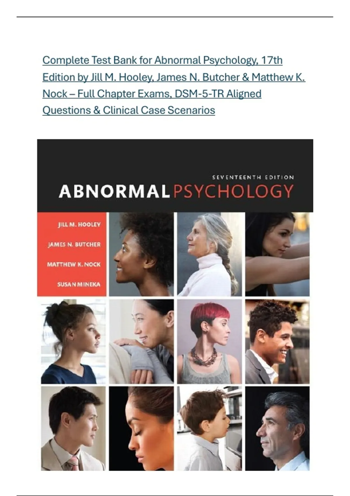 Complete Test Bank for Abnormal Psychology, 17th Edition by Jill M ...