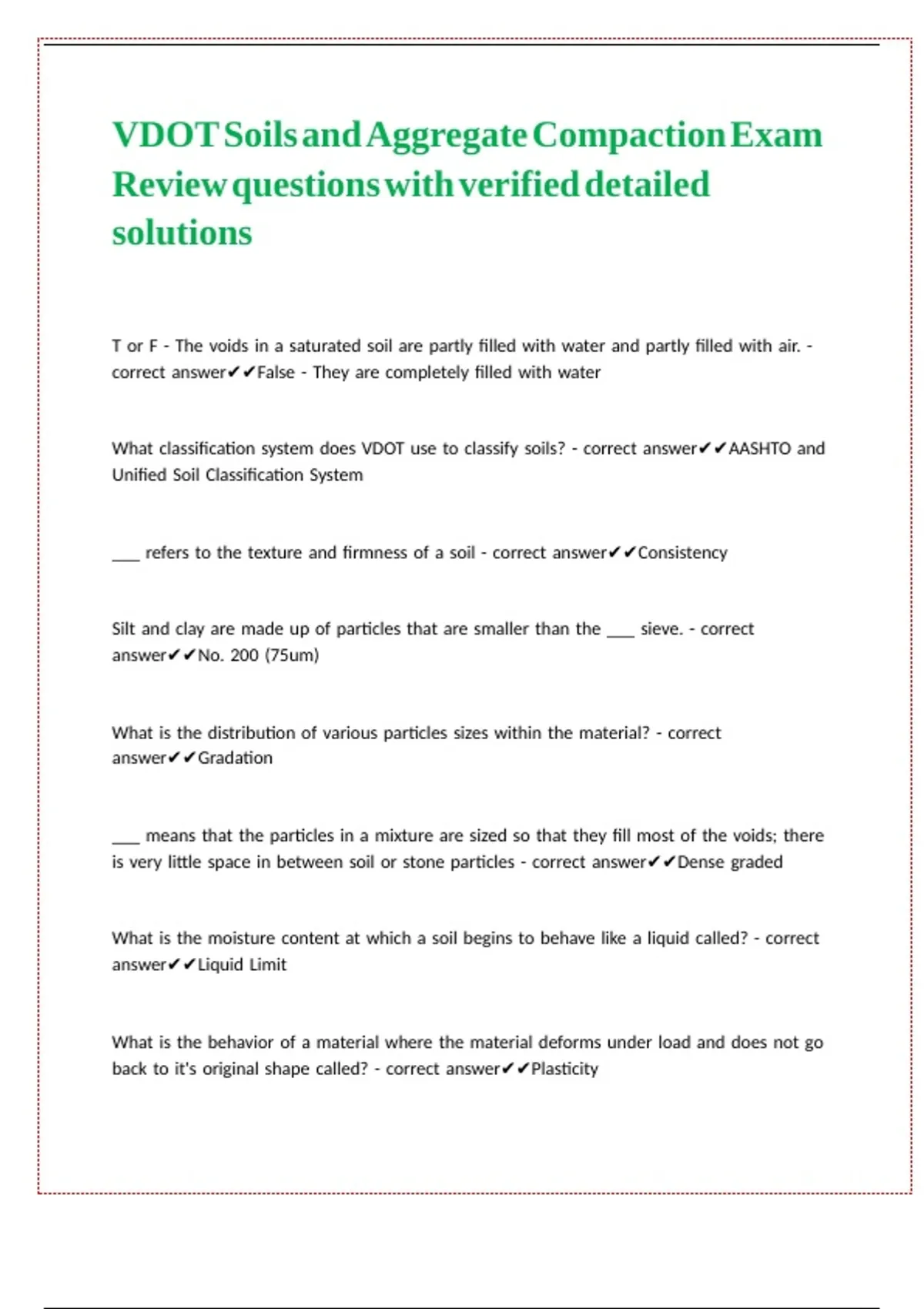 VDOT Soils and Aggregate Compaction Exam Review questions with verified ...
