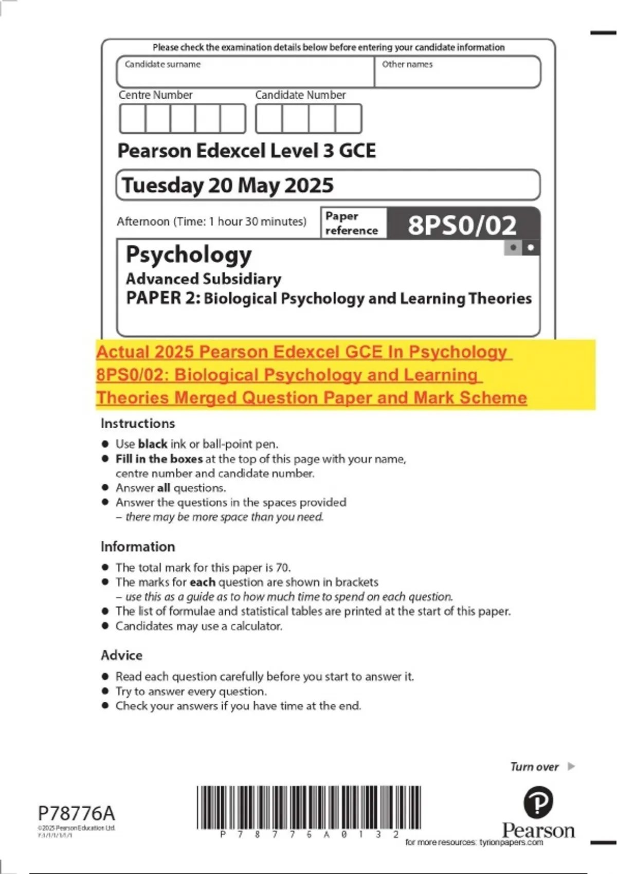 Actual 2025 Pearson Edexcel GCE In Psychology 8PS0/02: Biological ...
