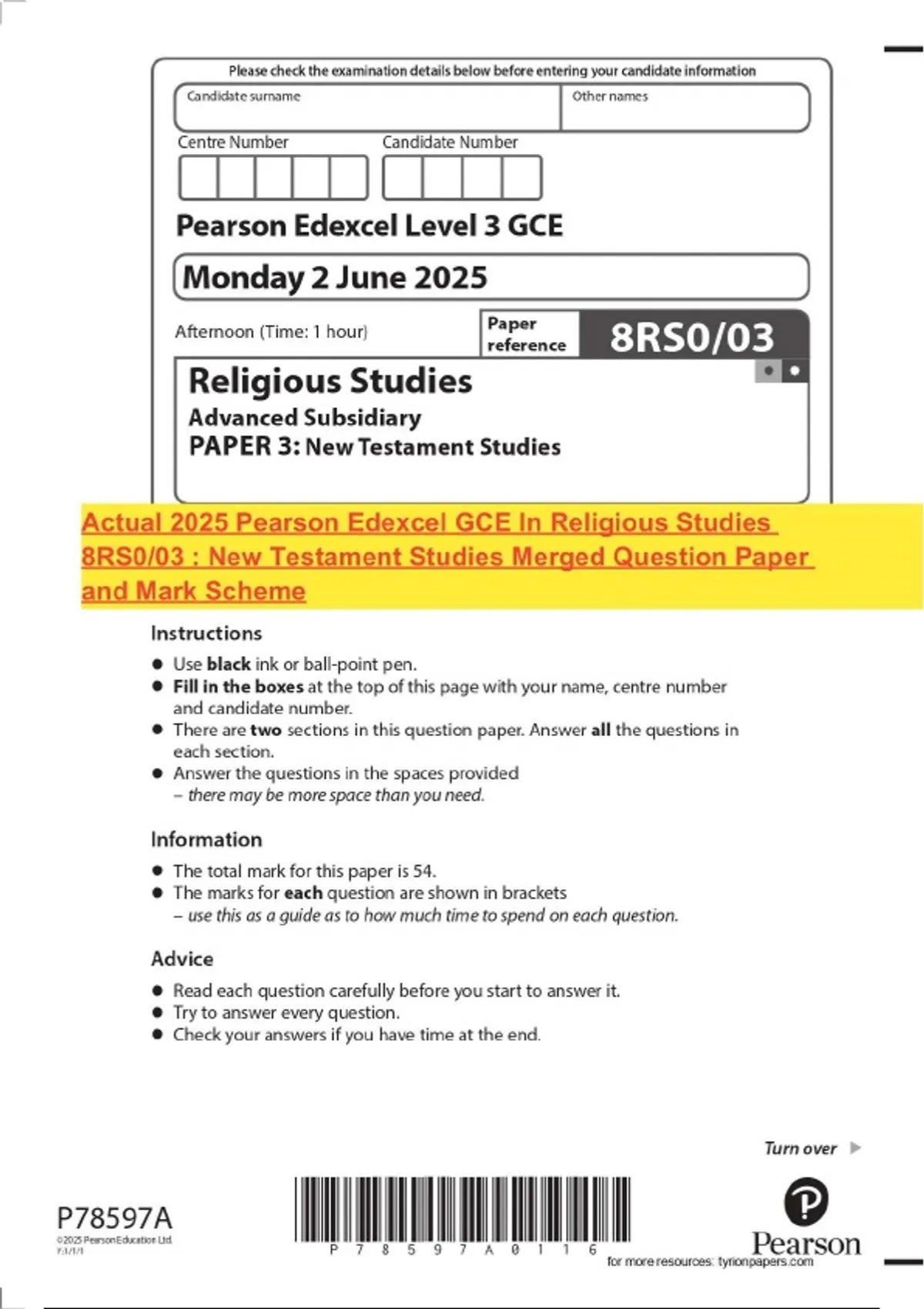 Actual 2025 Pearson Edexcel GCE In Religious Studies 8RS0/03 : New ...